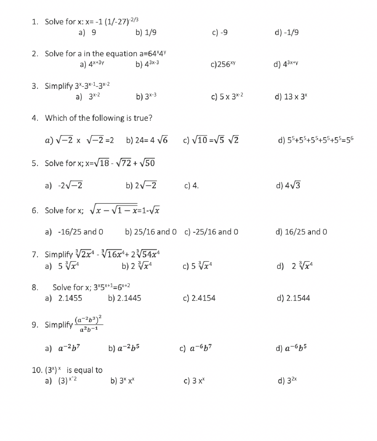 Algebra for Civil Engineering quiz | Quizzes Civil Engineering | Docsity