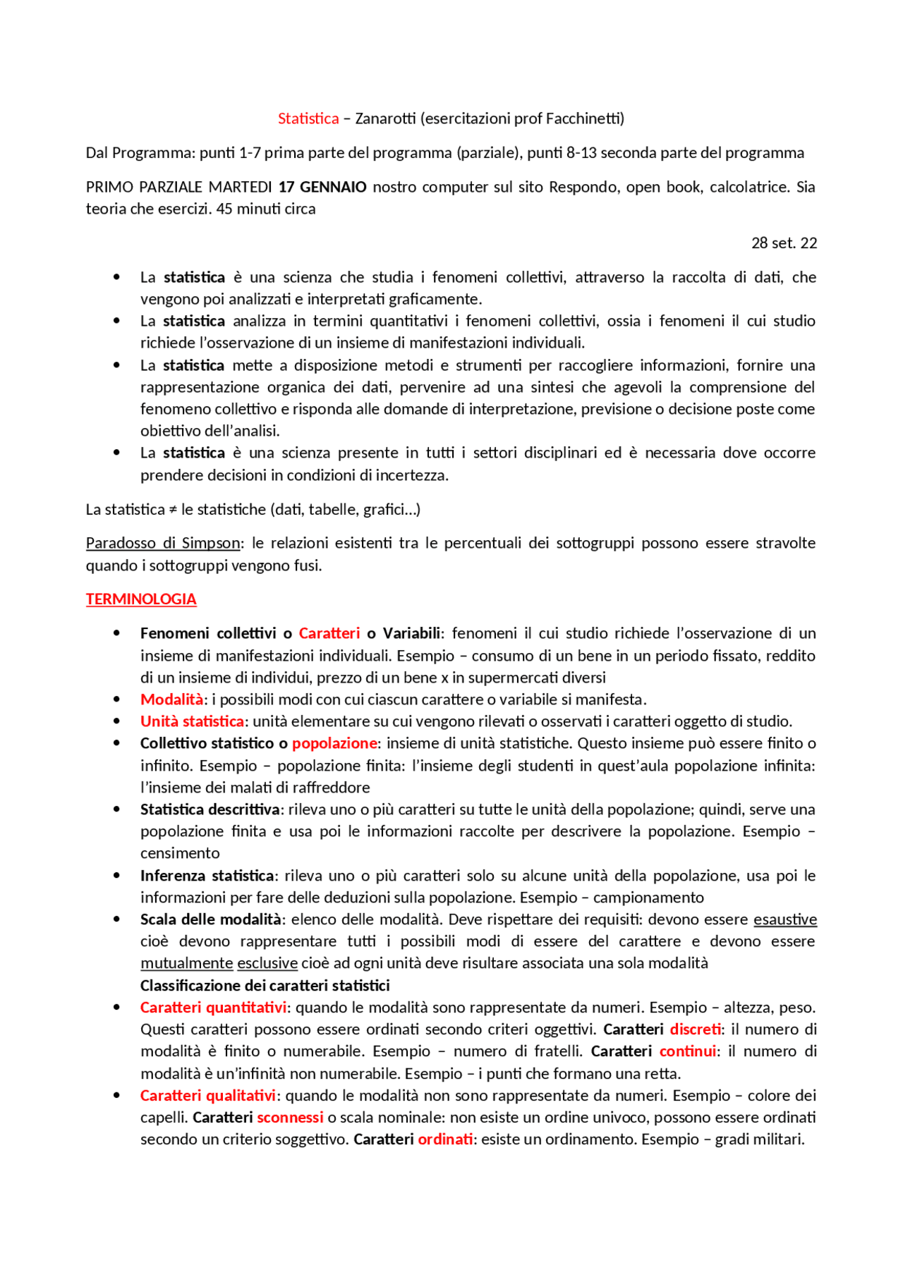 Appunti Di Statistica 1 Semestre Appunti Di Statistica Docsity