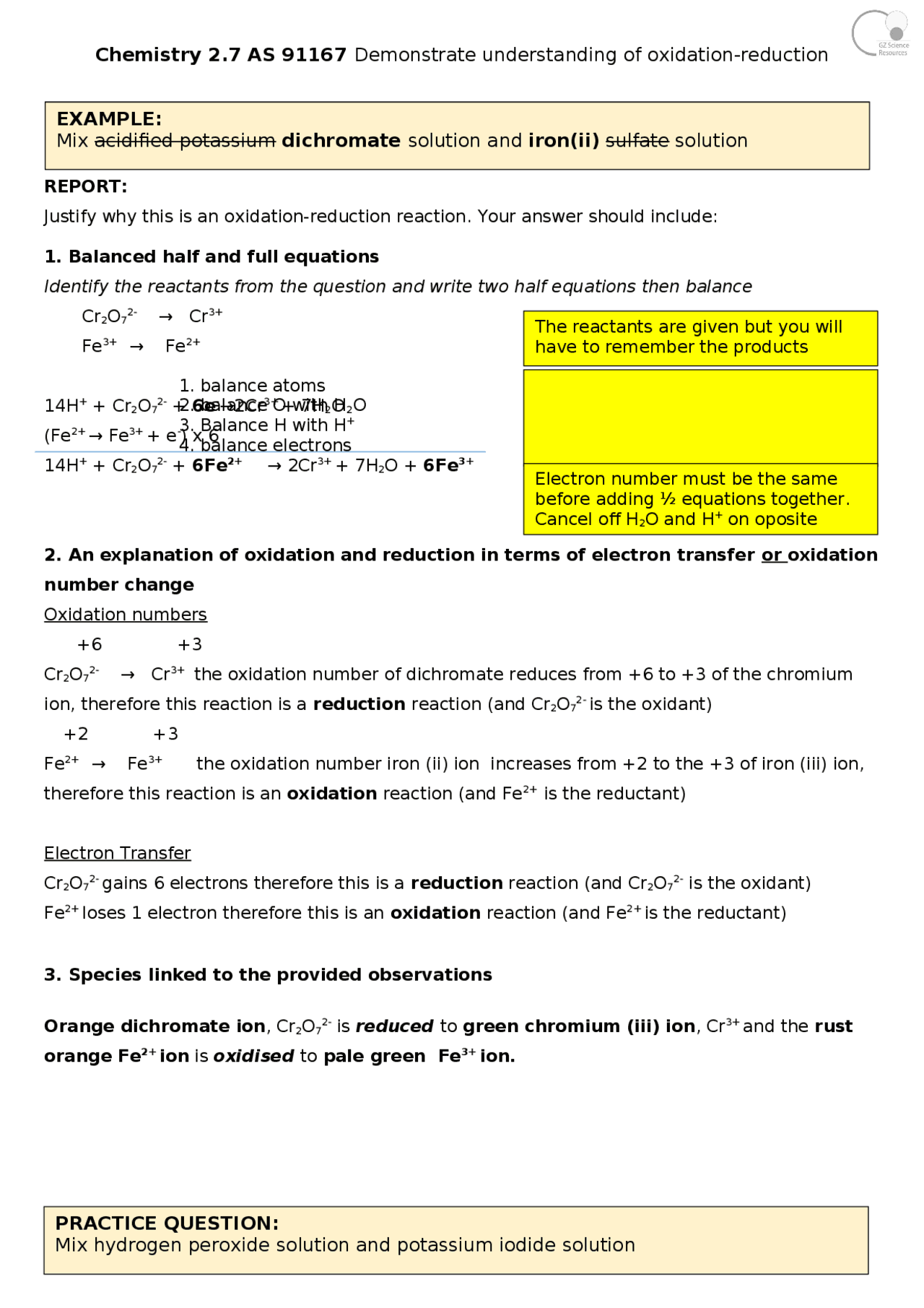 Redox Reaction Practice Assignments Chemistry Docsity