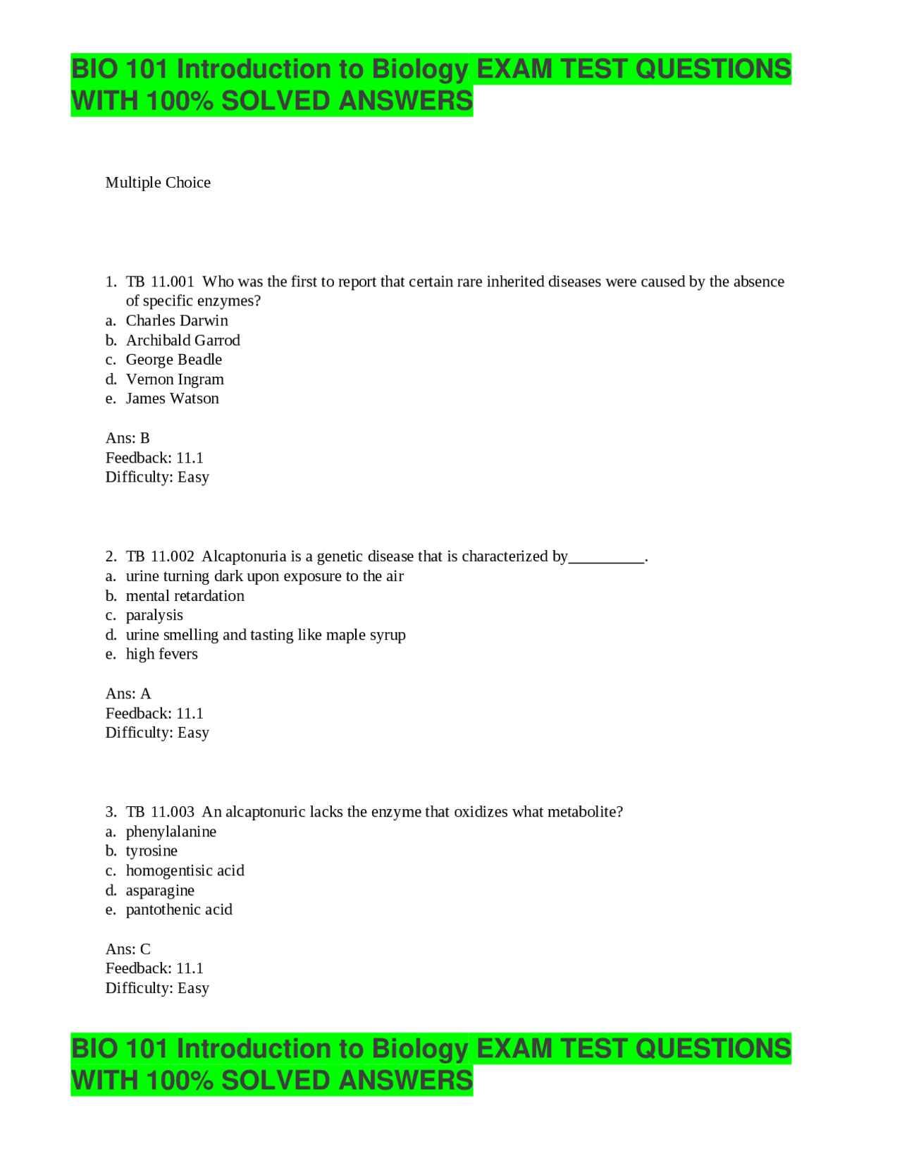 BIO 101 Introduction to Biology EXAM TEST QUESTIONS WITH 100% SOLVED ...