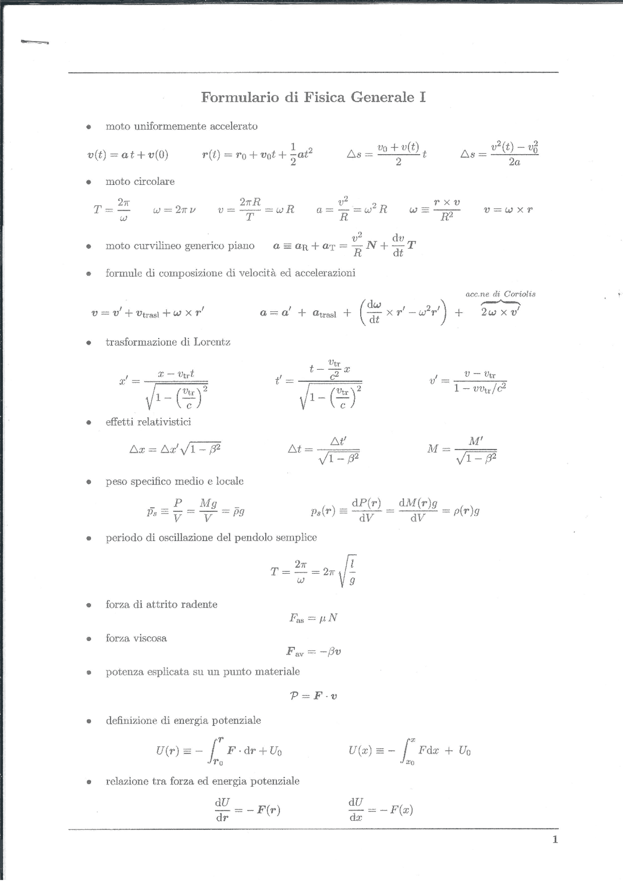Formulario Fisica Generale I Schemi E Mappe Concettuali Di Fisica Docsity