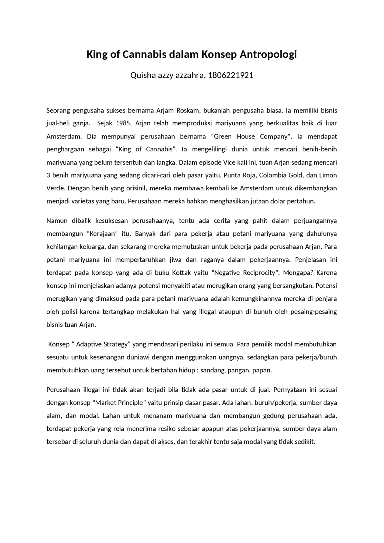 King of Cannabis dalam Konsep Antropologi | Papers Media Writing | Docsity