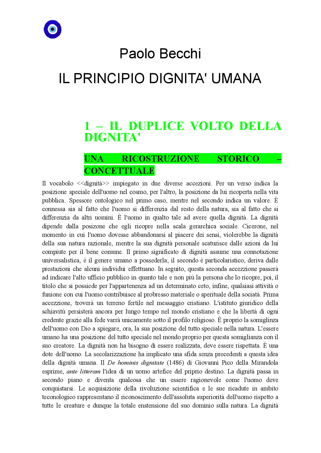 Paolo Becchi Il Principio Dignita Umana Schemi E Mappe Concettuali