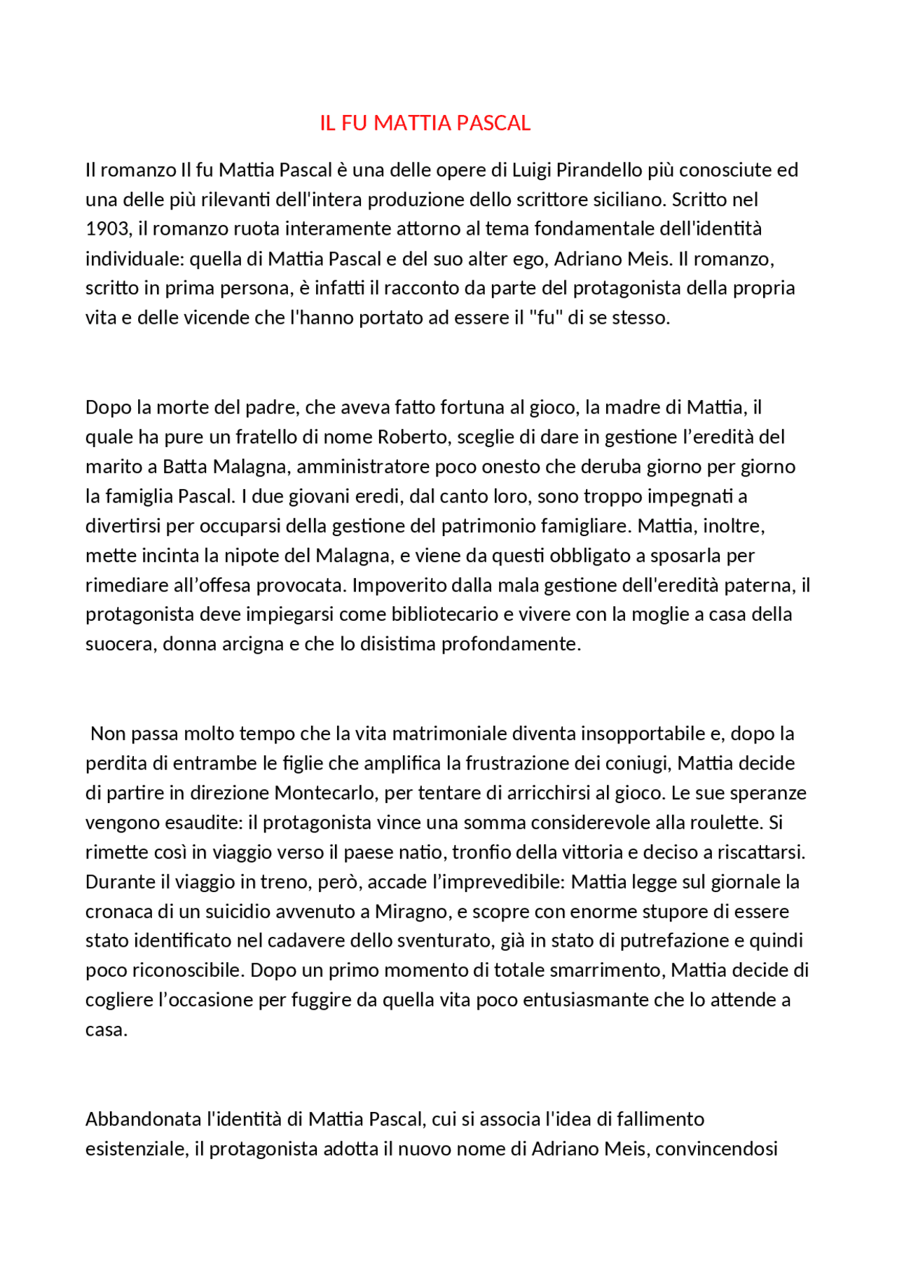 Il Fu Mattia Pascal Luigi Pirandello Appunti Di Italiano Docsity