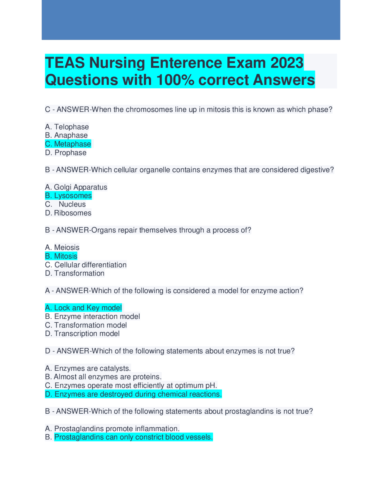 TEAS Nursing Entrance Exam 2023: Practice Questions with Answers ...