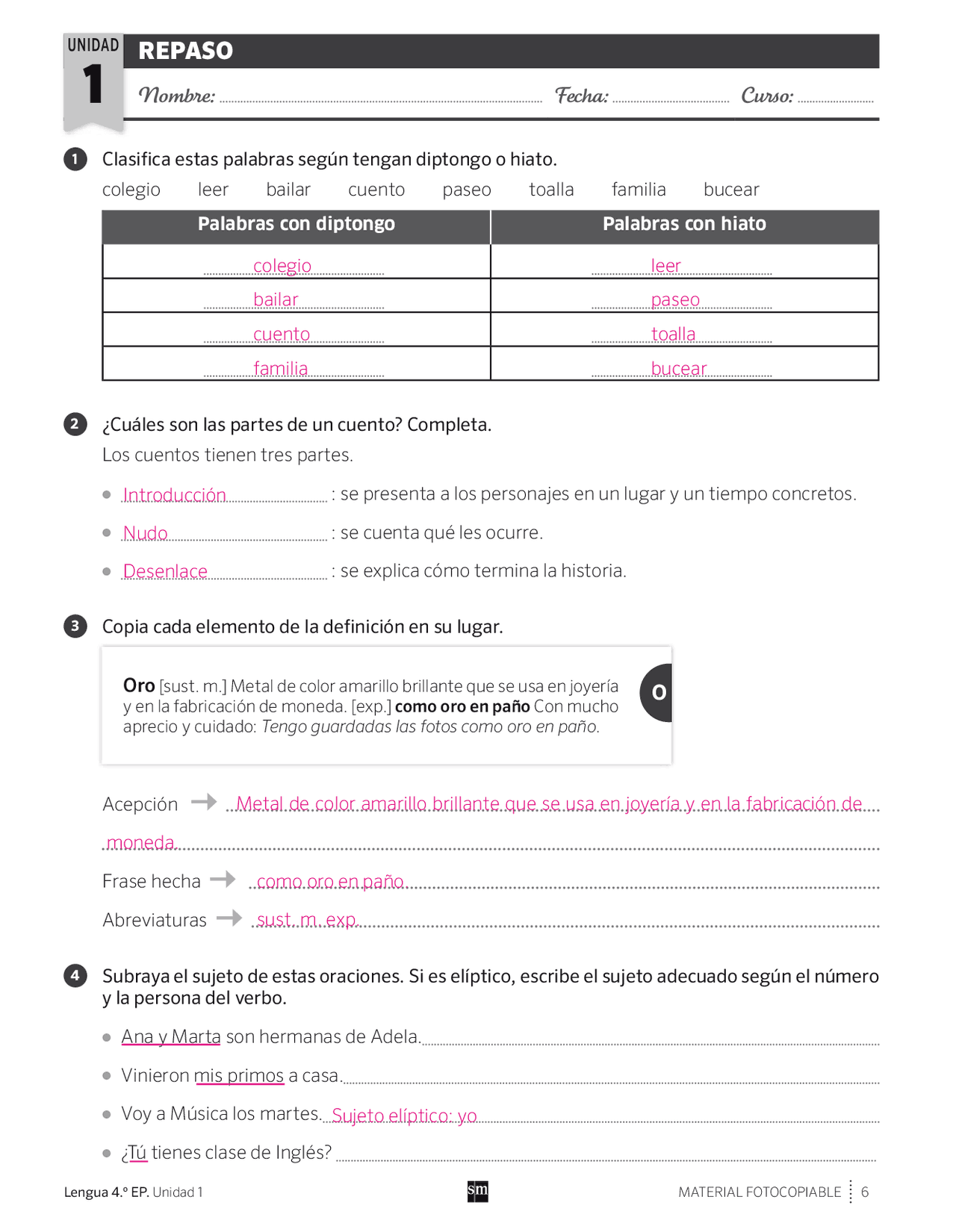 Lengua solución de repaso, refuerzo 4 de primaria | Ejercicios de ...