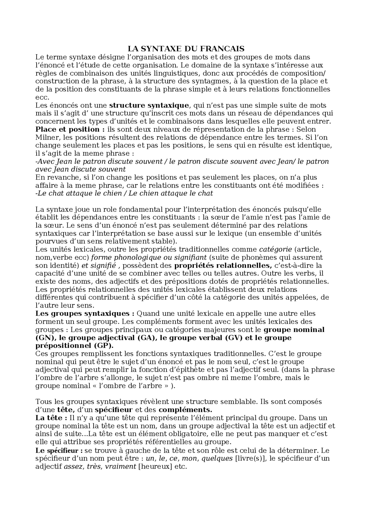 La syntaxe du français | Appunti di Lingua Francese | Docsity