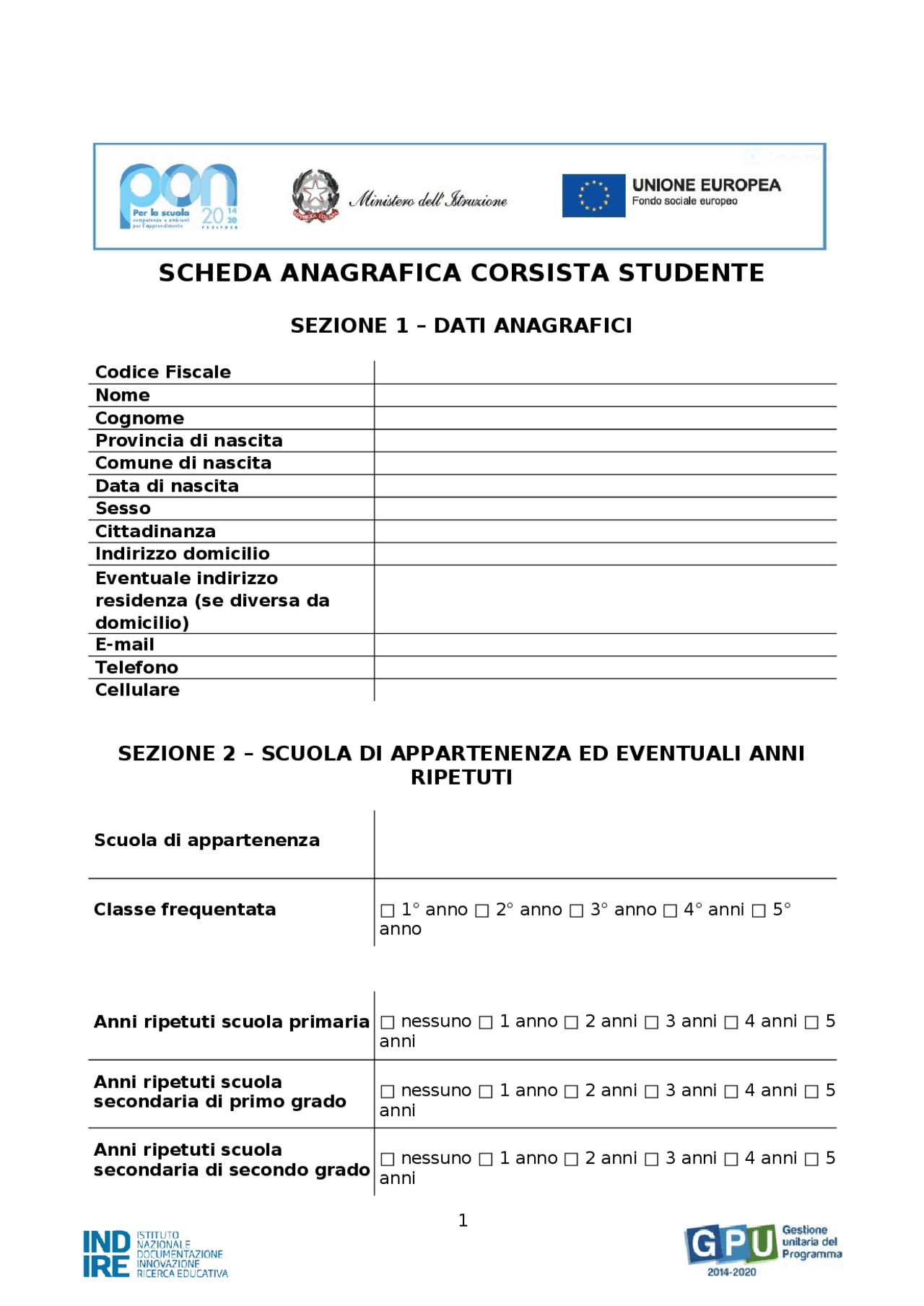 Scheda anagrafica corsista studente | Study notes Law | Docsity