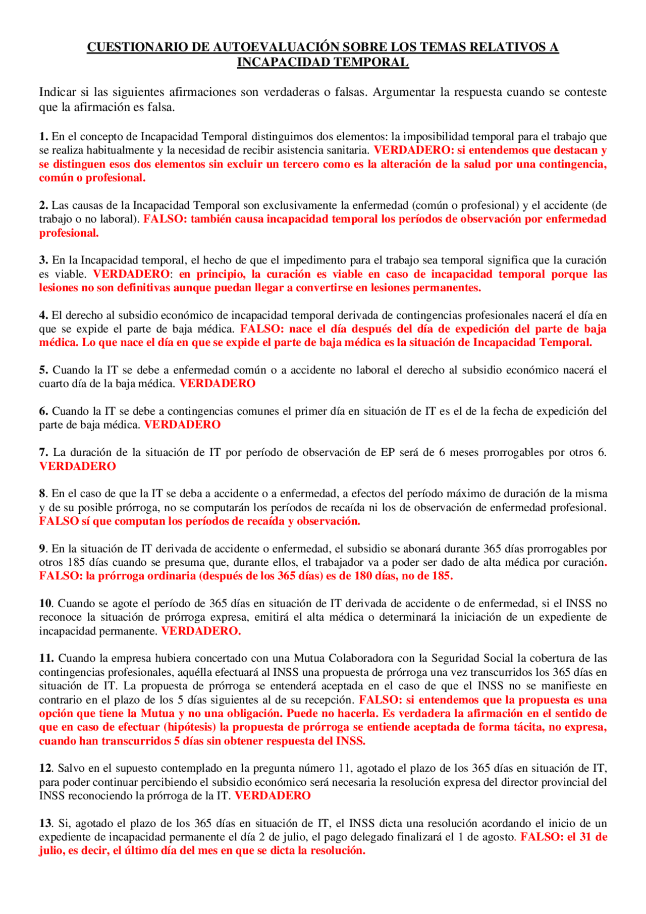 Respuestas al cuestionario de IT | Ejercicios de Derecho de la seguridad social | Docsity