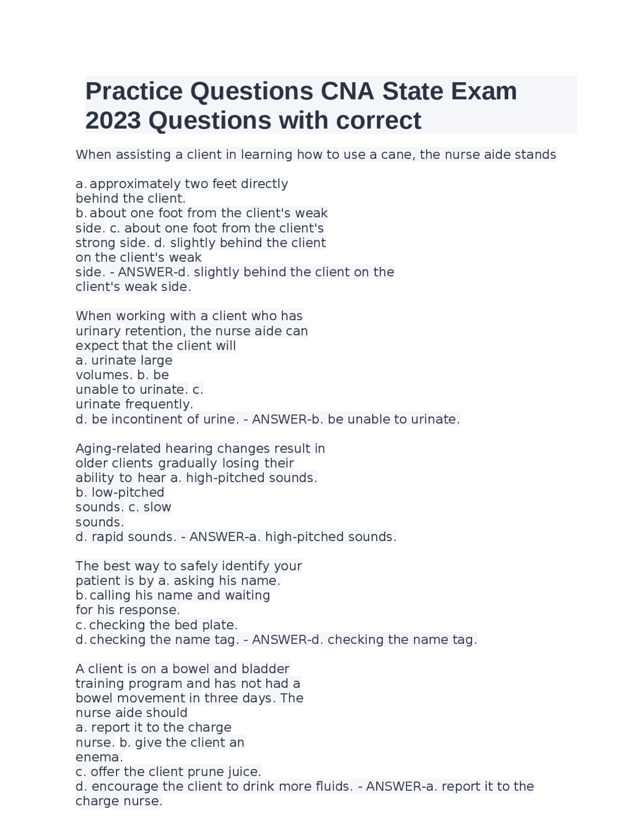 Practice Questions CNA State Exam 2023 Questions with correct Answers Download to score A ...