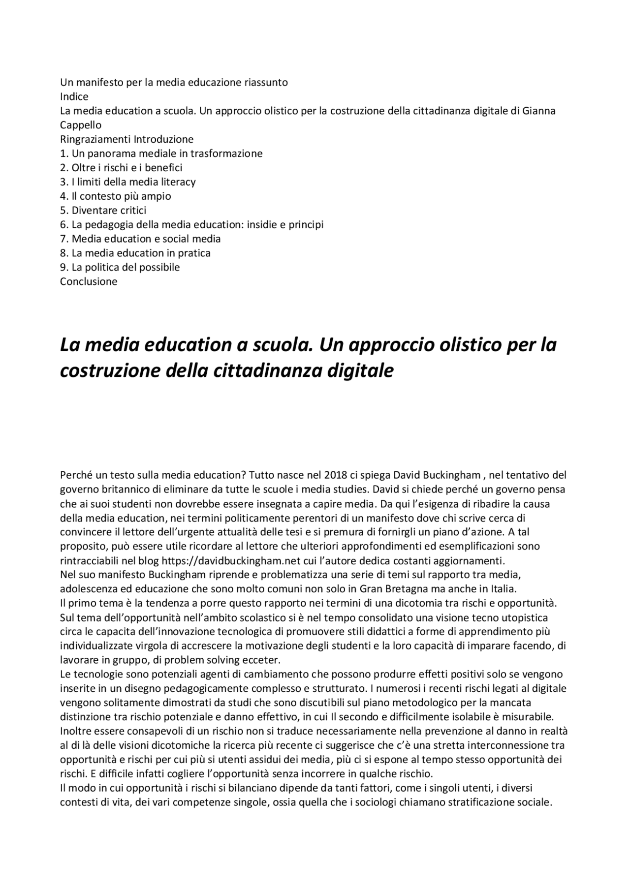 Riassunto “un manifesto per la media education” David Buckingham ...