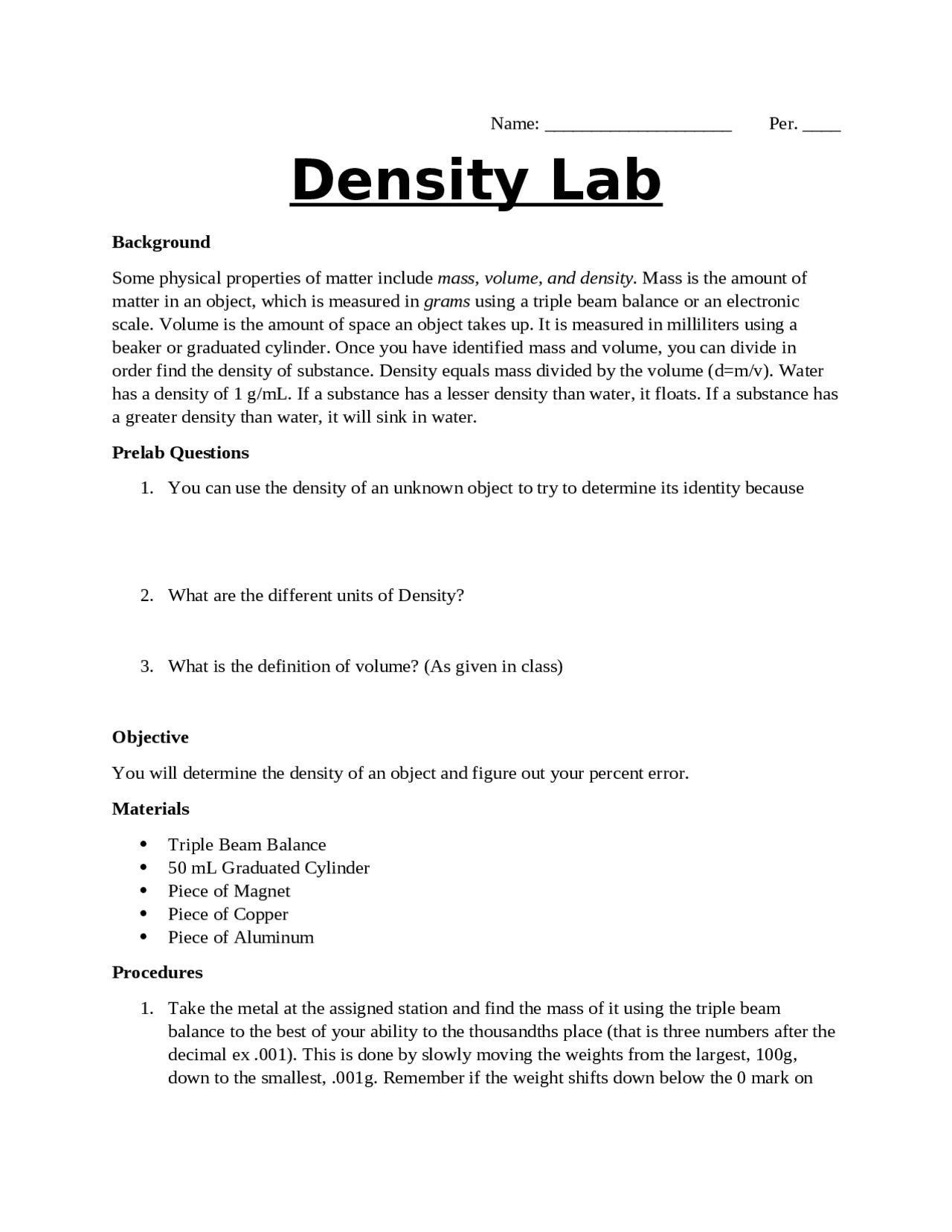Lab about density for First quarter | Assignments Chemistry | Docsity