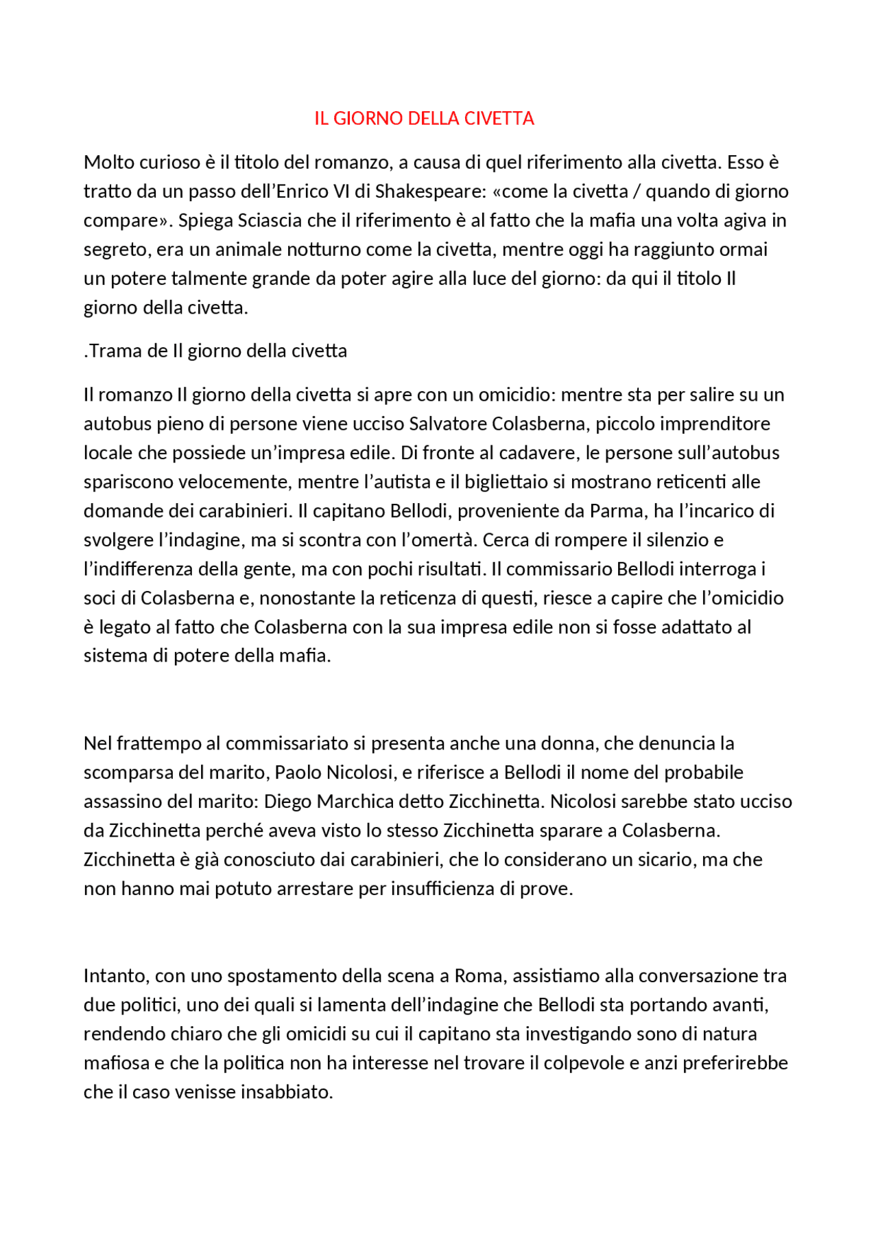 Il giorno della civetta | Appunti di Italiano | Docsity