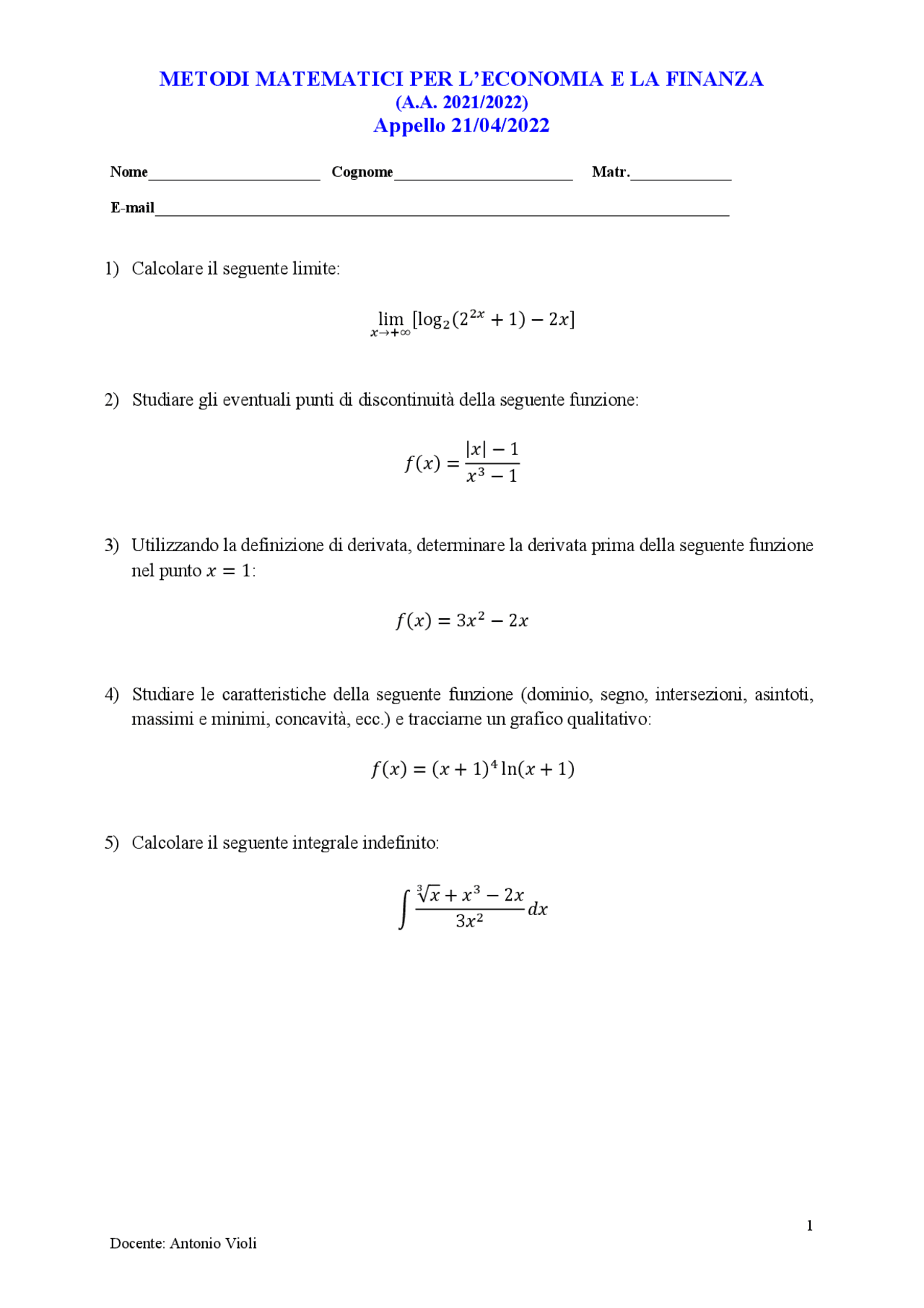 Prove Desame Per Matematica Prove Desame Di Matematica Generale