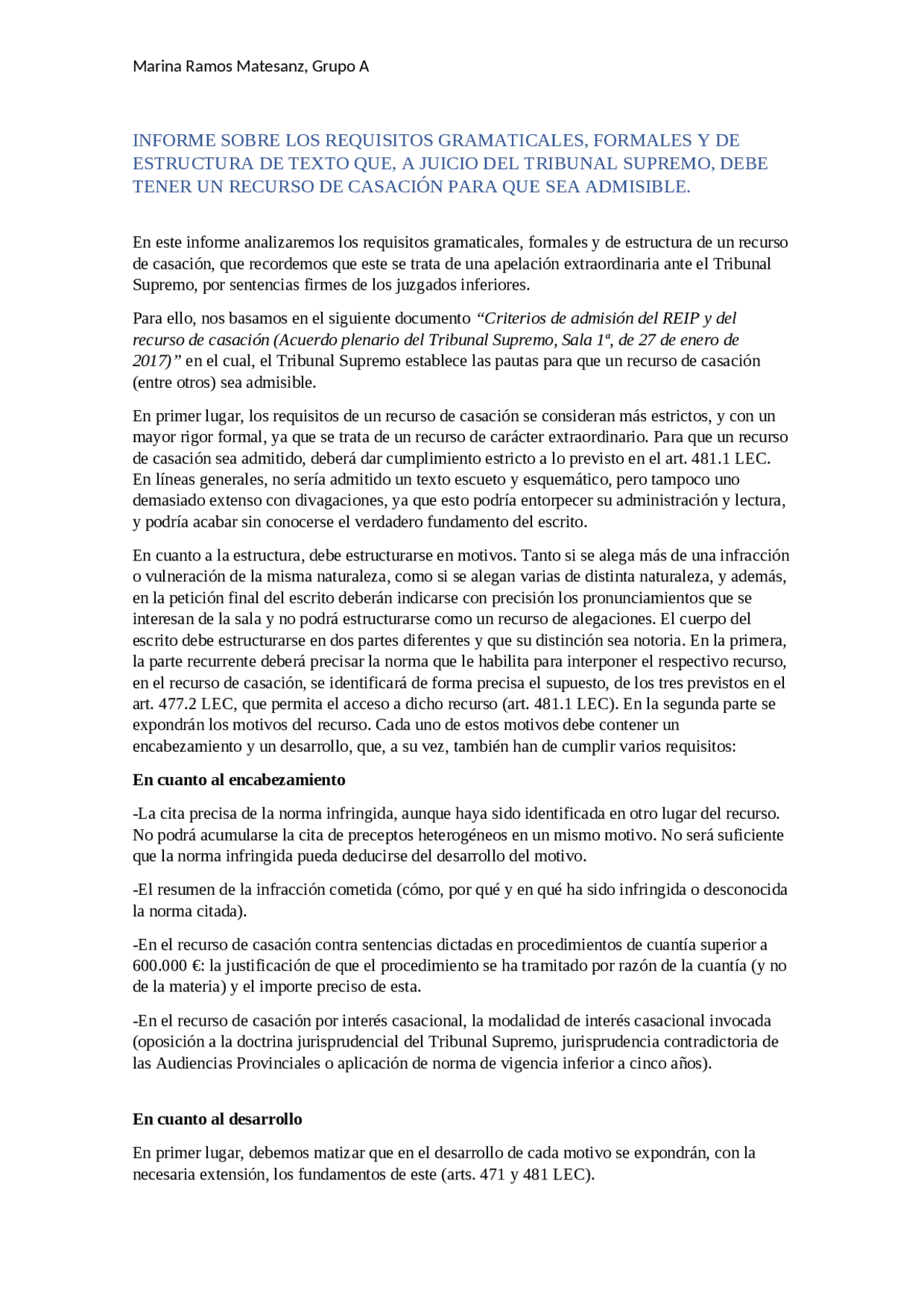 Resumen de ejercicio | Ejercicios de Derecho Procesal | Docsity