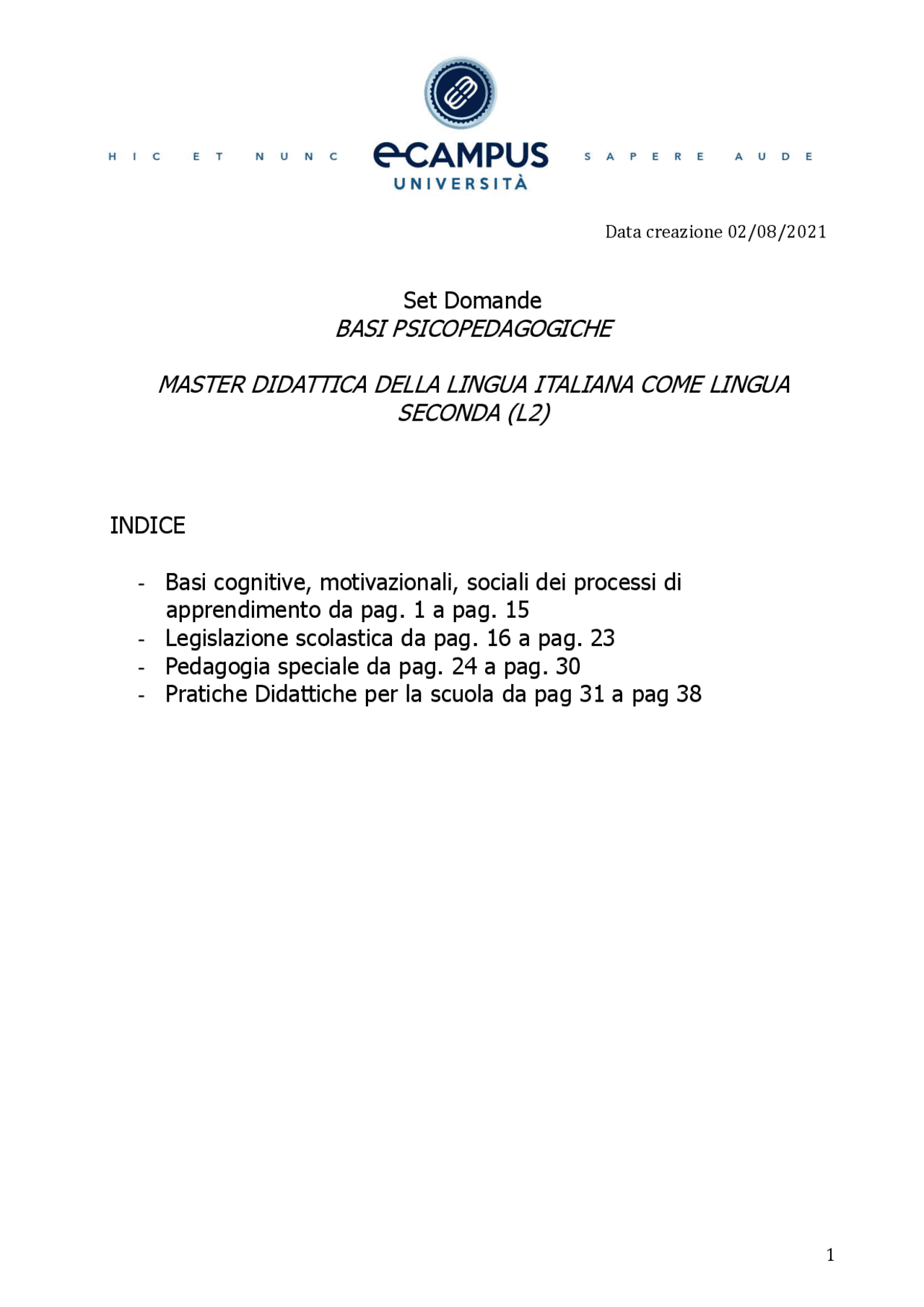 Paniere ECAMPUS ESAME - BASI PSICOPEDAGOGICHE | Prove d'esame di Psicologia Generale | Docsity