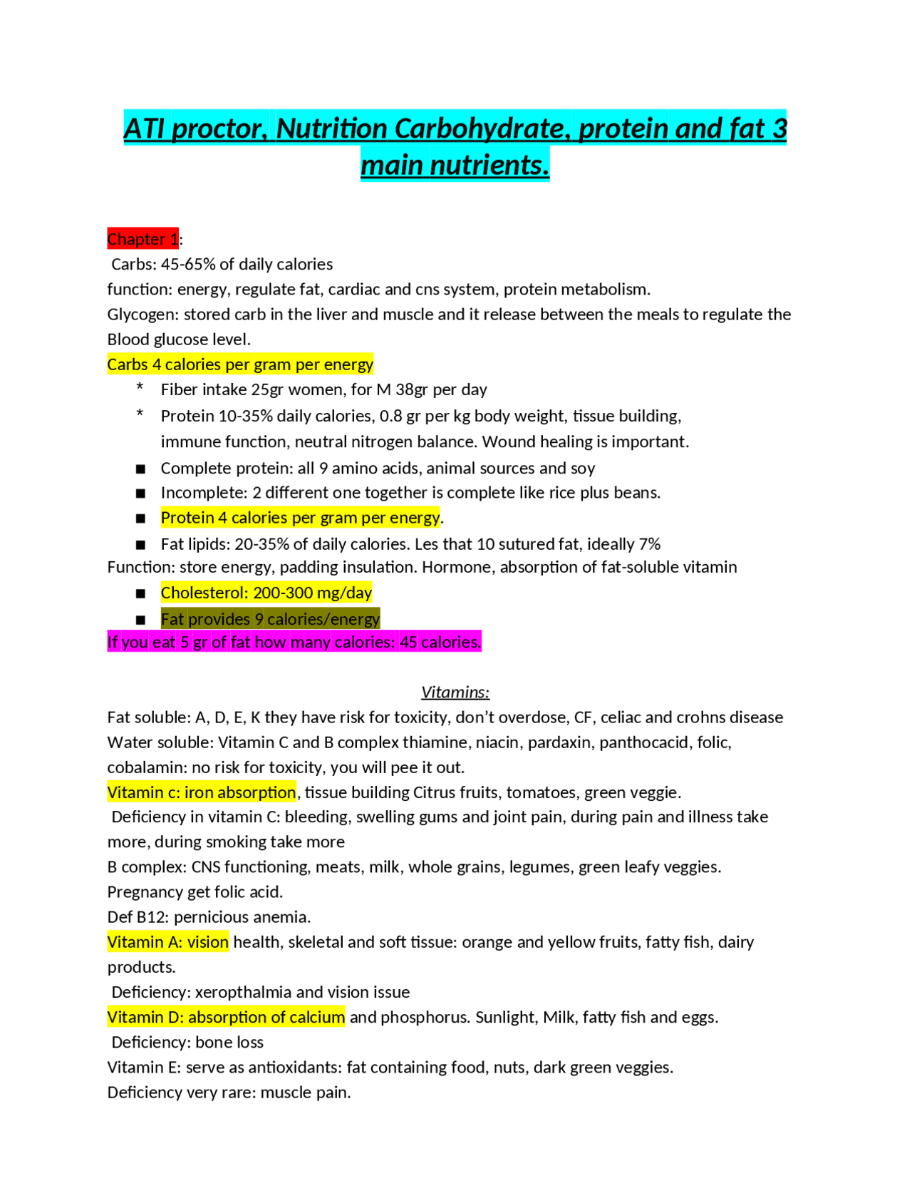 ATI proctor, Nutrition Carbohydrate, protein and fat 3 main nutrients ...