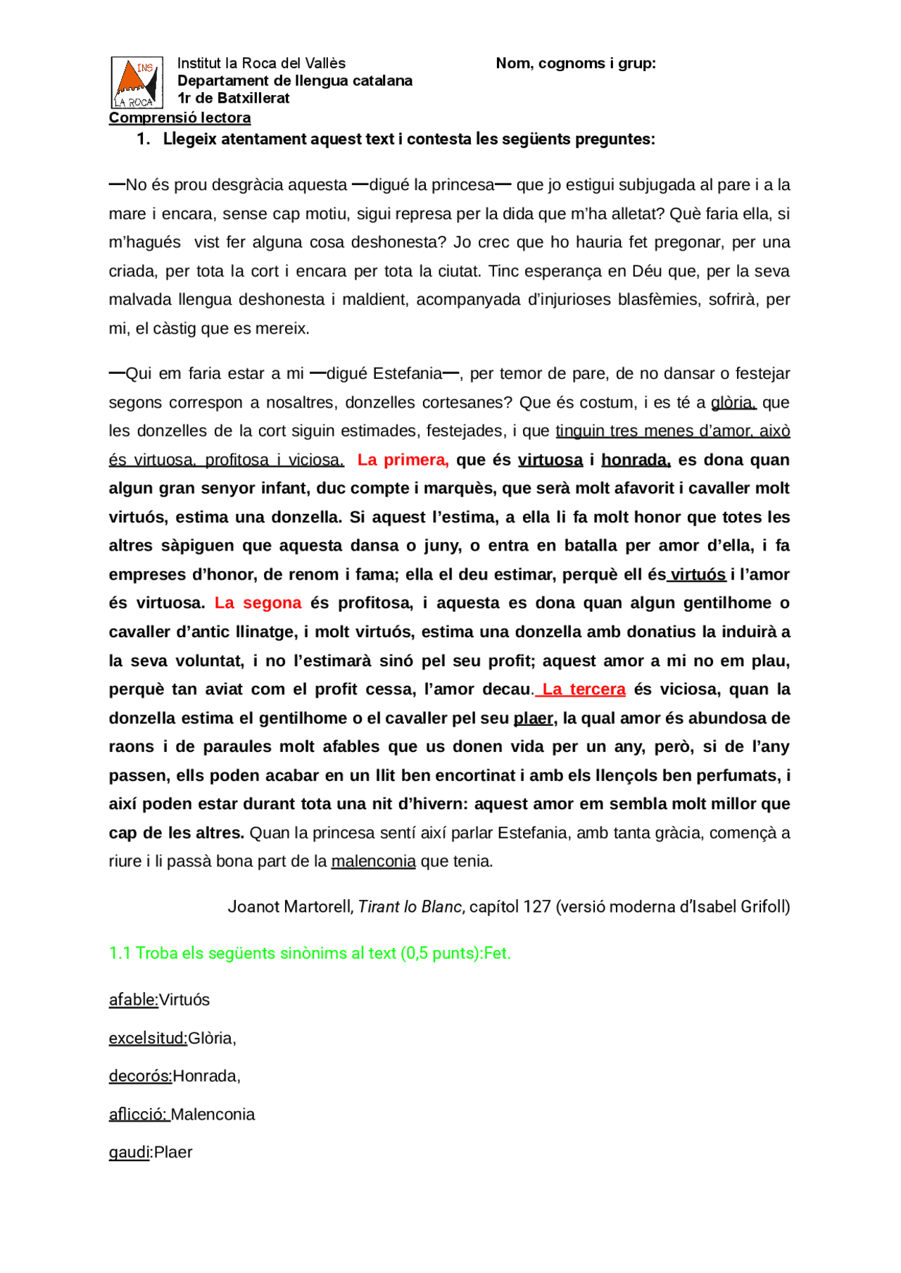 Todo Sobre Bachillerato Ejercicios De Catalán Docsity