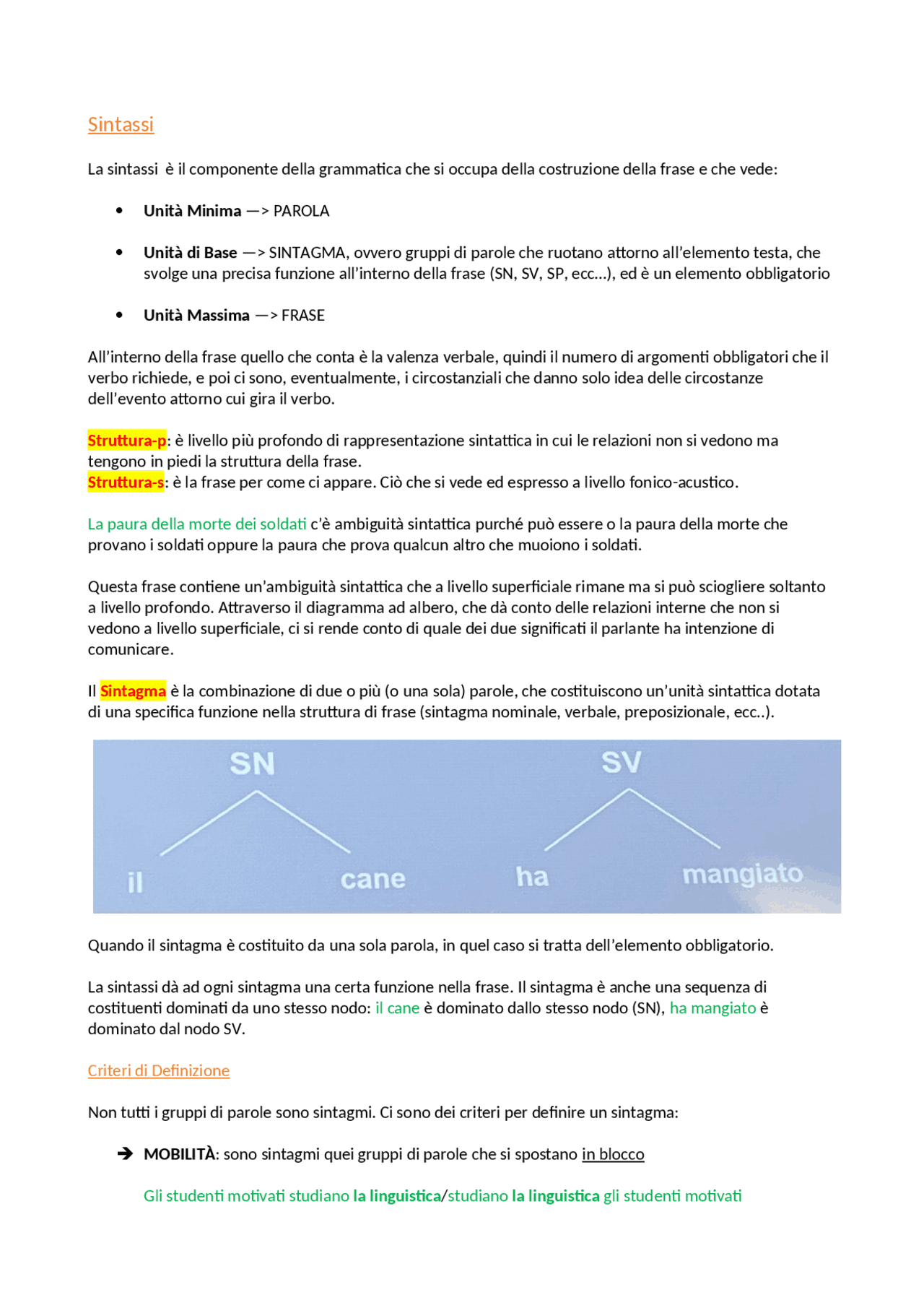 Sintassi. Linguistica Generale | Appunti di Linguistica Generale | Docsity