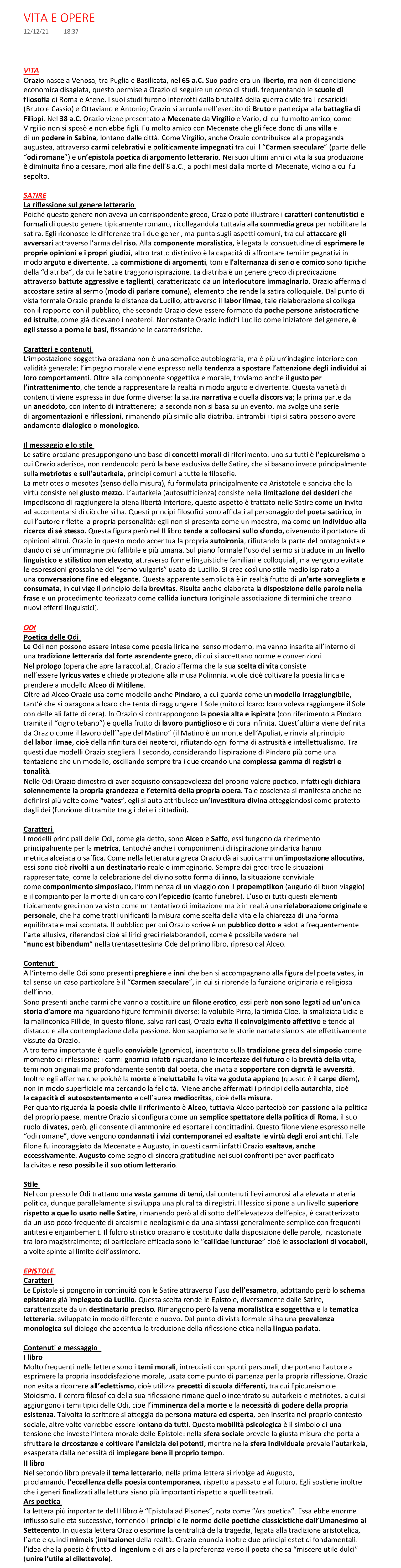 Orazio Vita E Opere Appunti Di Latino Docsity