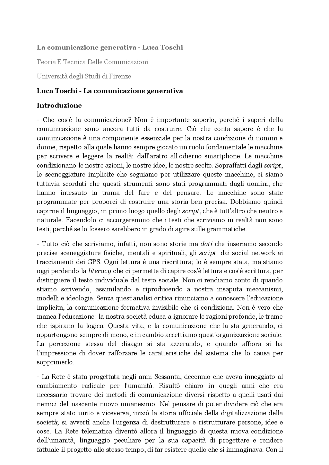 La Comunicazione Generativa Luca Toschi Sintesi Del Corso Di Teoria