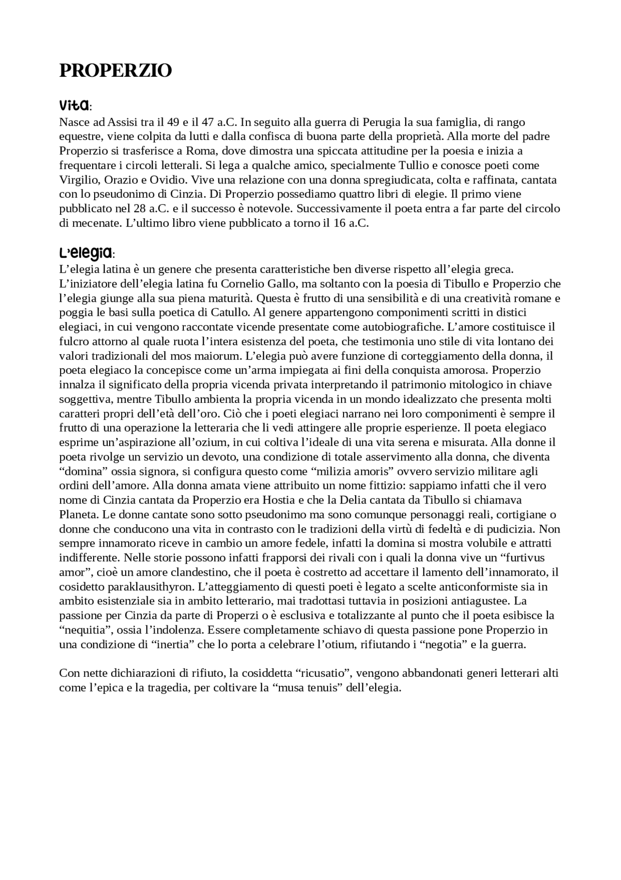 Ovidio E Properzio Riassunti In Formato Pdf Terzo O Quarto Anno Di