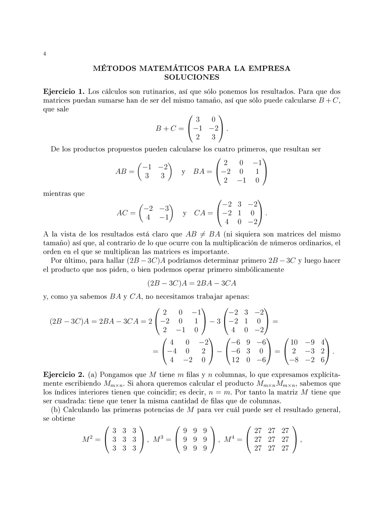 Soluciones ejerccicos matrices | Ejercicios de Álgebra | Docsity