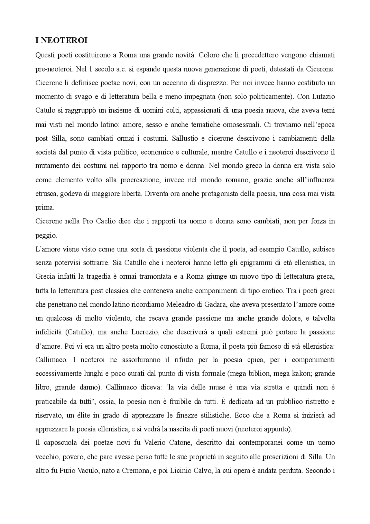 I Neoteroi E Catullo Appunti Di Latino Docsity