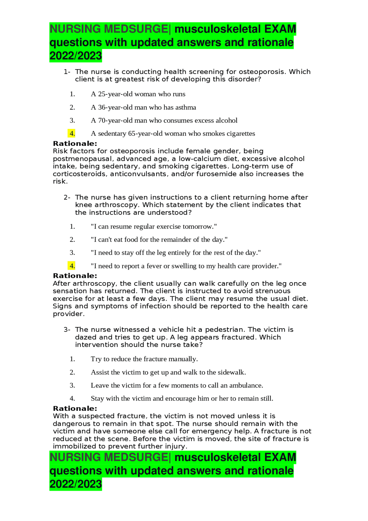 NURSING MEDSURGE| musculoskeletal EXAM questions with updated answers and rationale 2022/2 ...
