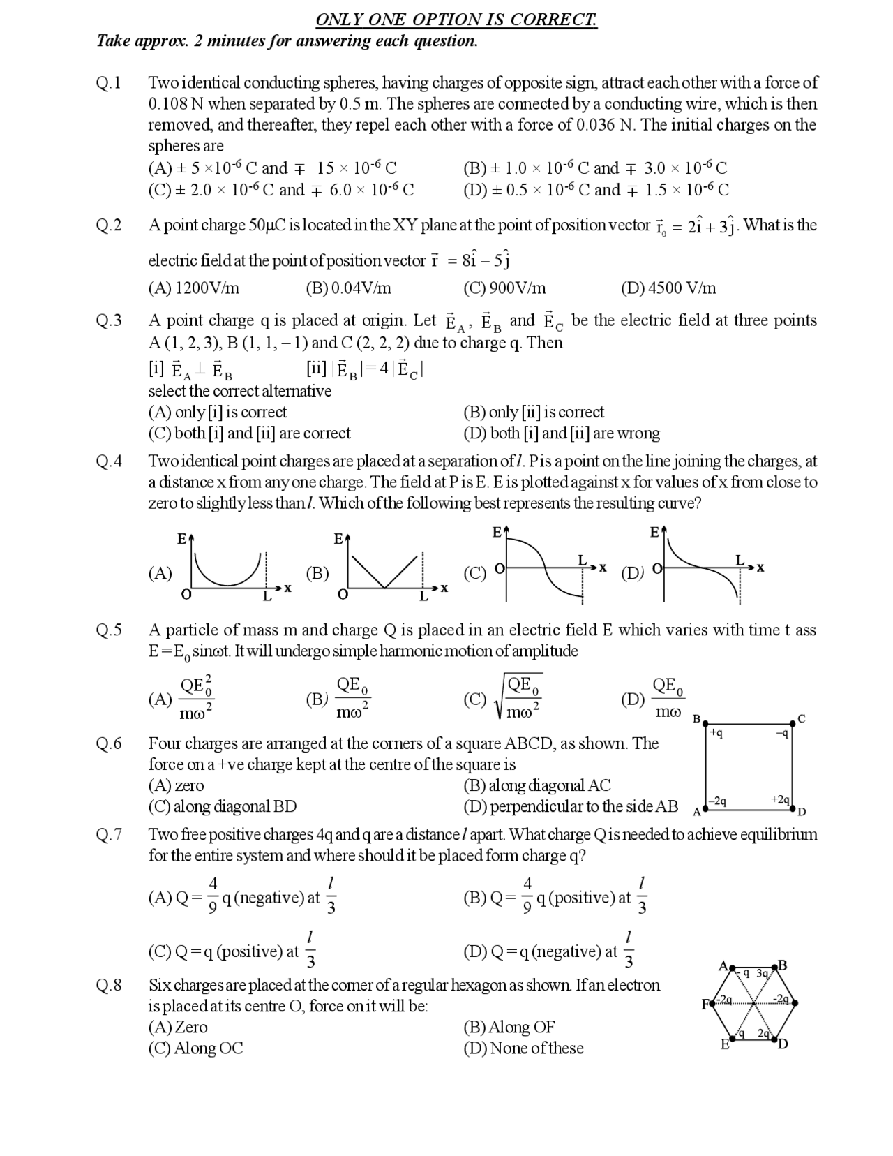 Electrostatics Moderate To Hard Level Questions Quizzes Physics Docsity