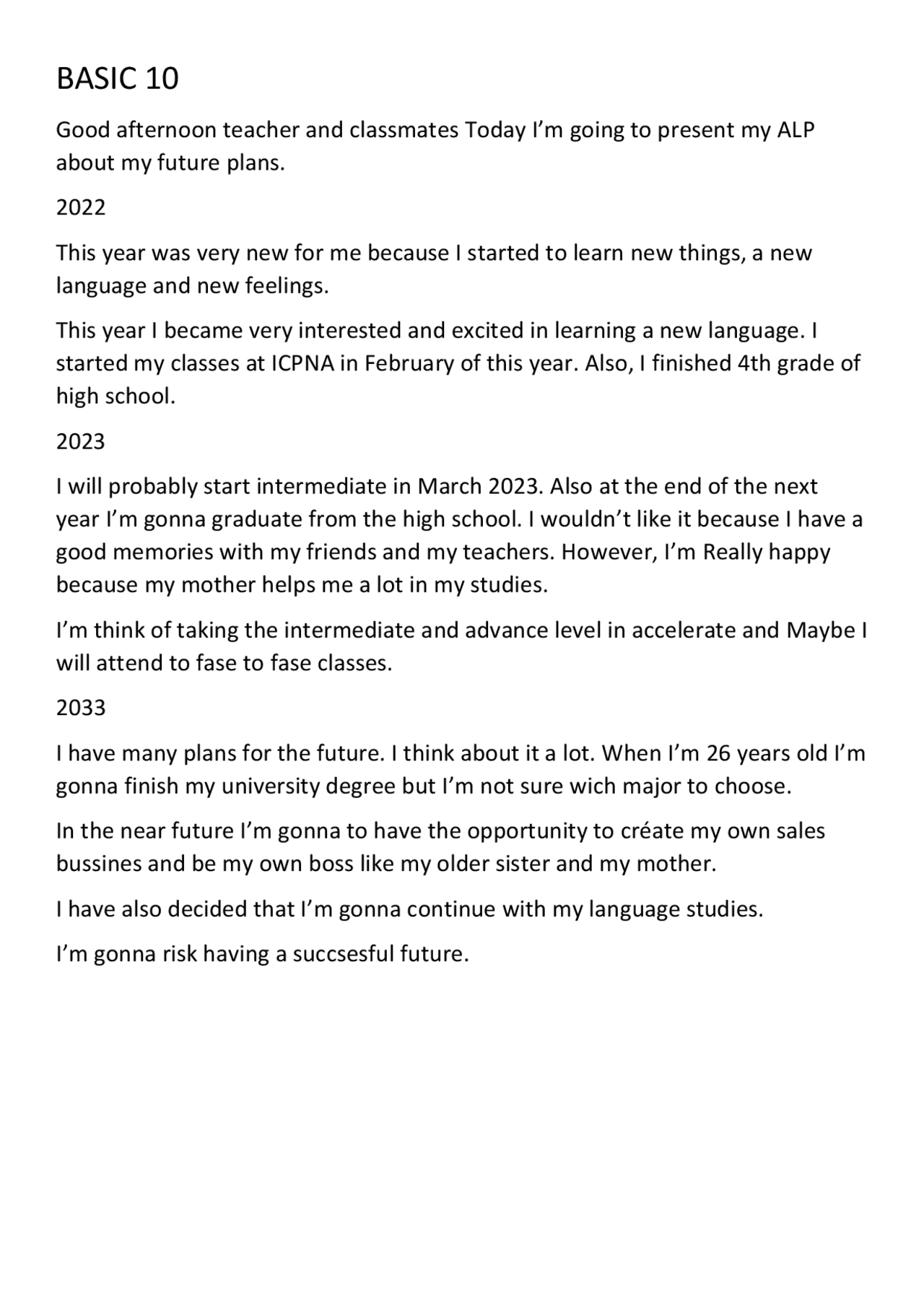 ALP BASIC 10 ABOUT FUTURE PLANS | Apuntes de Idioma Inglés | Docsity