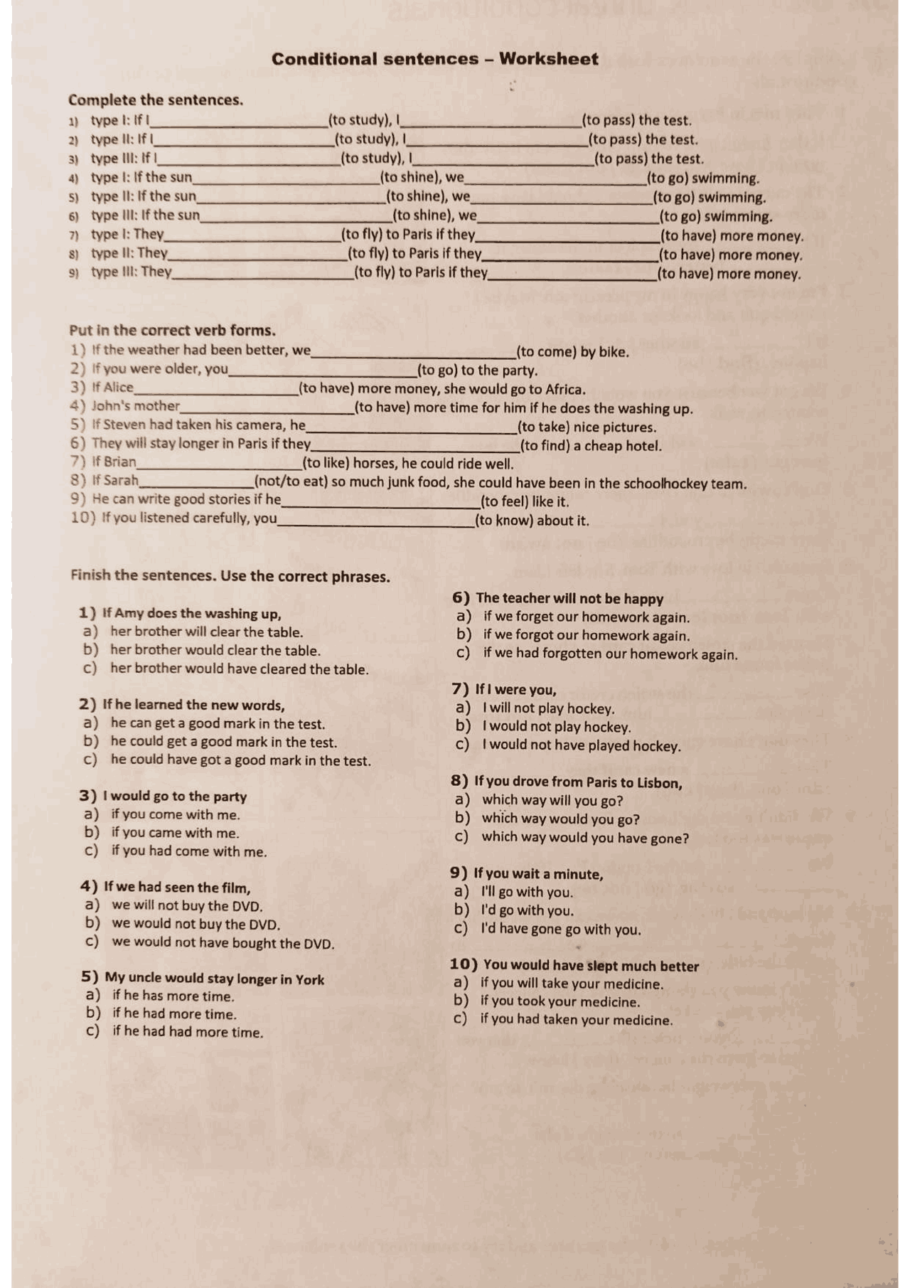 Conditional Sentences Worksheet Esercizi Di Inglese Docsity