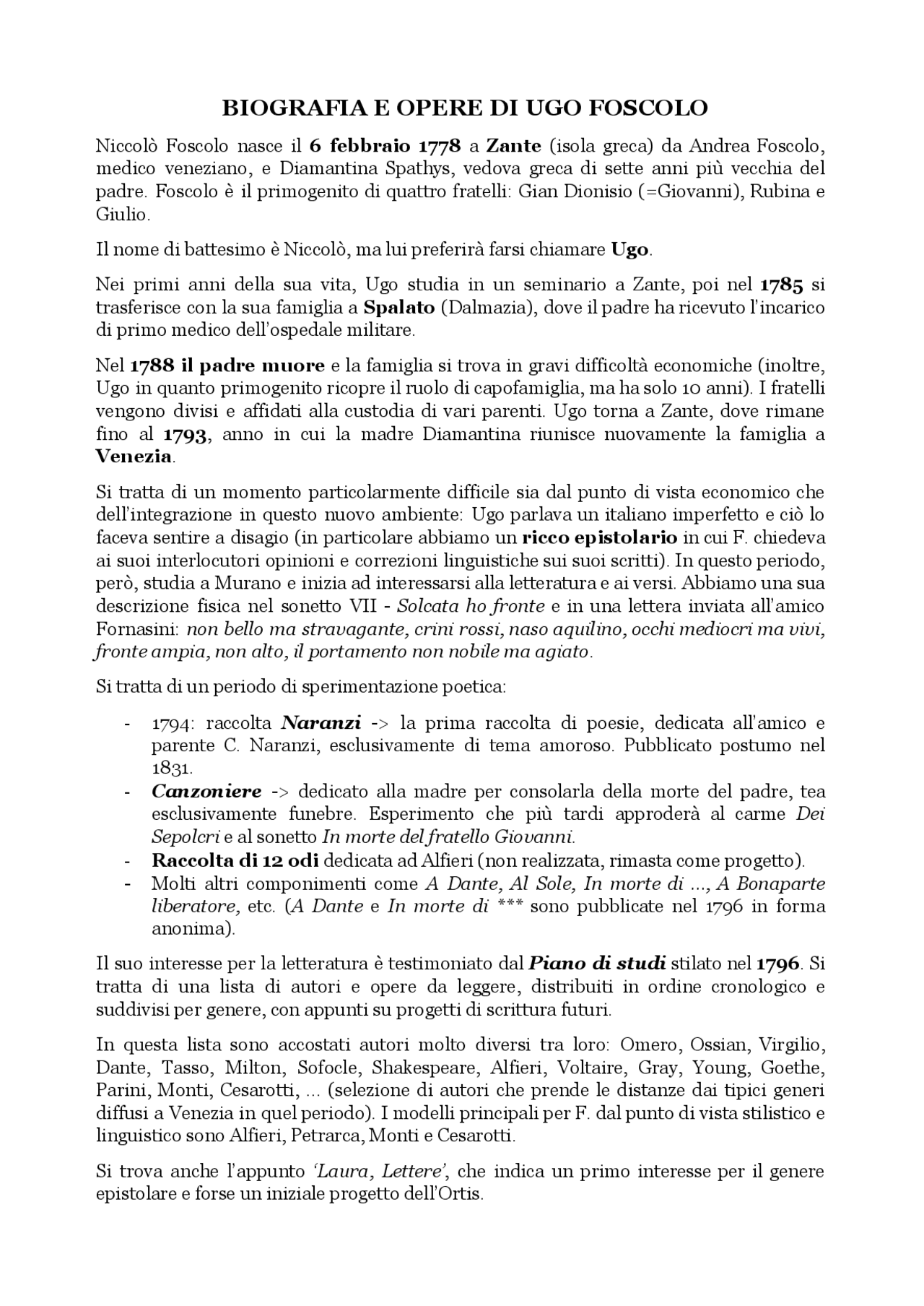 Biografia Completa Di Foscolo Schemi E Mappe Concettuali Di