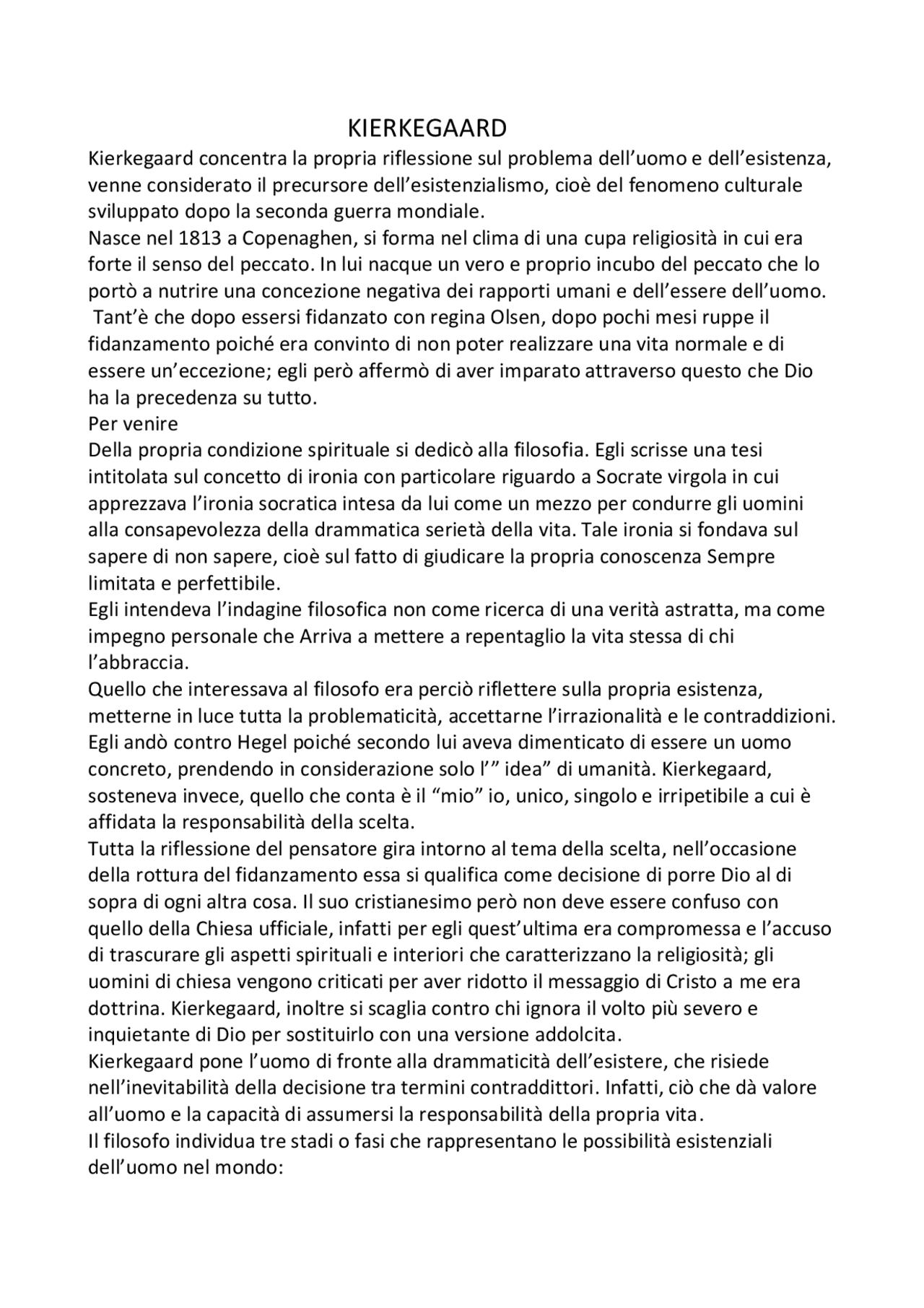 Riassunto Kierkegaard Schemi E Mappe Concettuali Di Filosofia Docsity