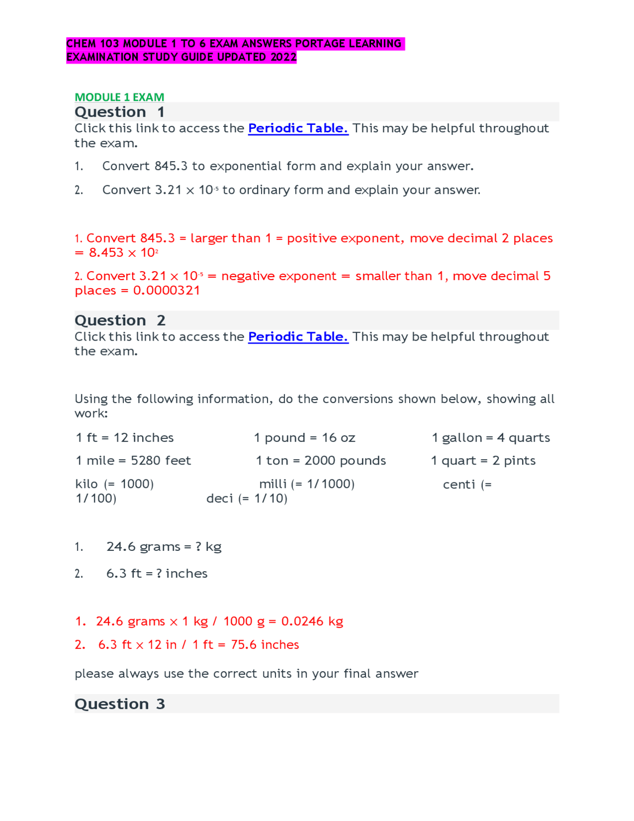 CHEM 103 MODULE 1 TO 6 EXAM ANSWERS PORTAGE LEARNING EXAMINATION STUDY ...