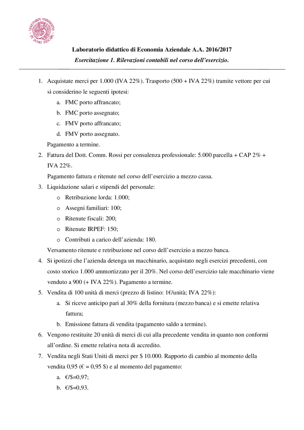 Esercizi Partita Doppia Exercices De Mercatique Docsity