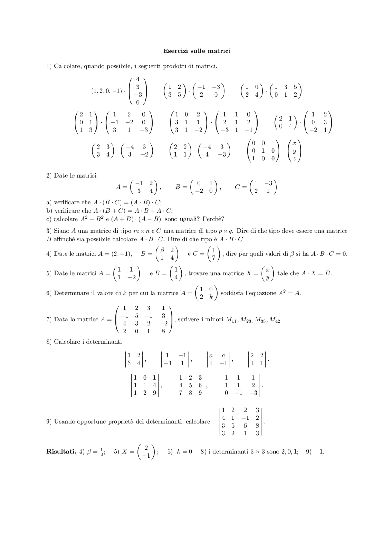 Esercizi sulle matrici | Esercizi di Istituzioni Di Matematica I | Docsity