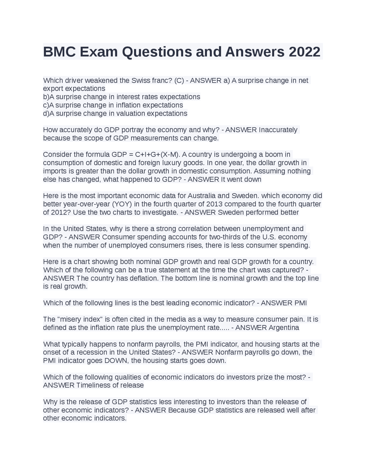 BMC Exam Questions and Answers 2022 | Exams Nursing | Docsity