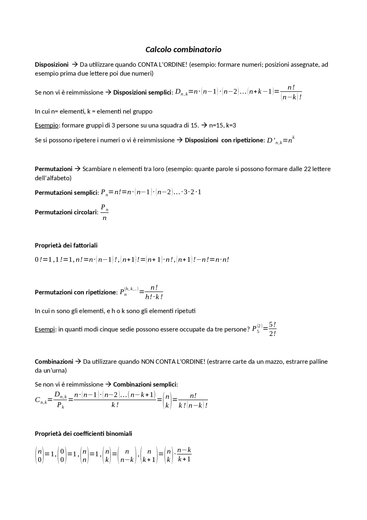 Calcolo Combinatorio Matematica 4 Liceo Appunti Di Matematica Docsity