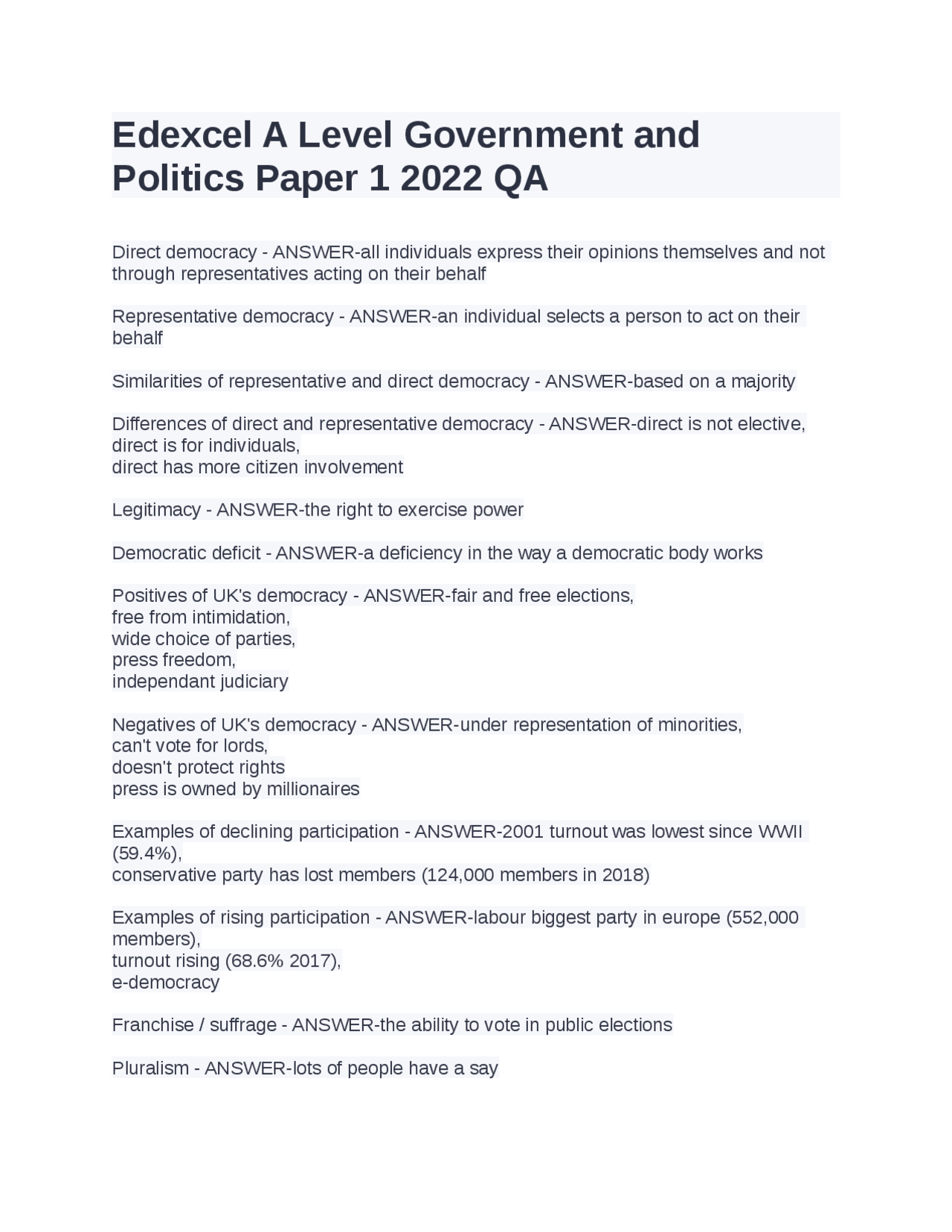Edexcel A Level Government And Politics Paper 1 2022 Qa Exams Nursing