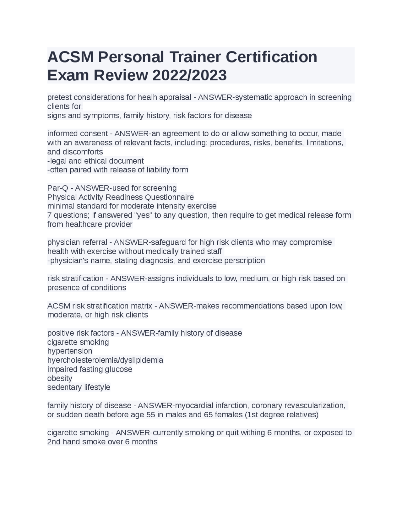 ACSM Personal Trainer Certification Exam Review 2022/2023 | Exams ...