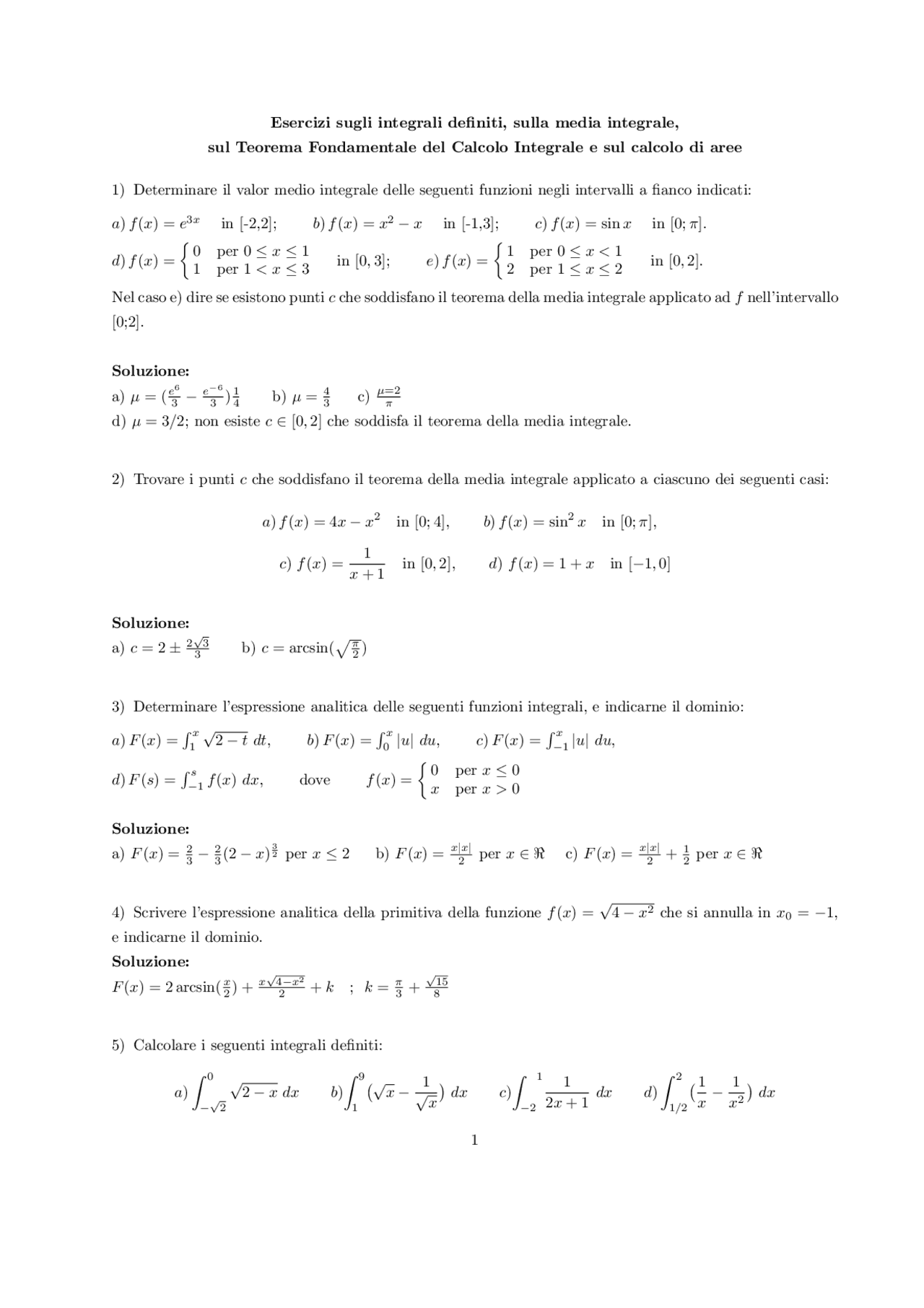 Esrcizi sugli integrali | Esercizi di Istituzioni Di Matematica I | Docsity
