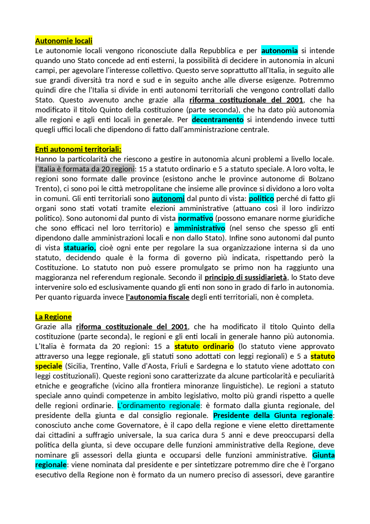 Riassunto Sulle Autonomie Locali Schemi E Mappe Concettuali Di