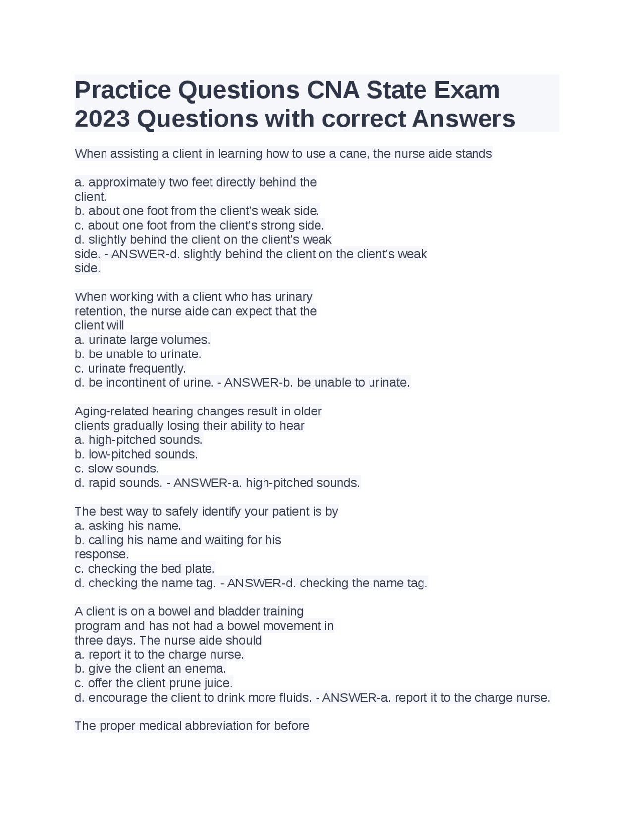 Practice Questions CNA State Exam 2023 Questions with correct Answers ...
