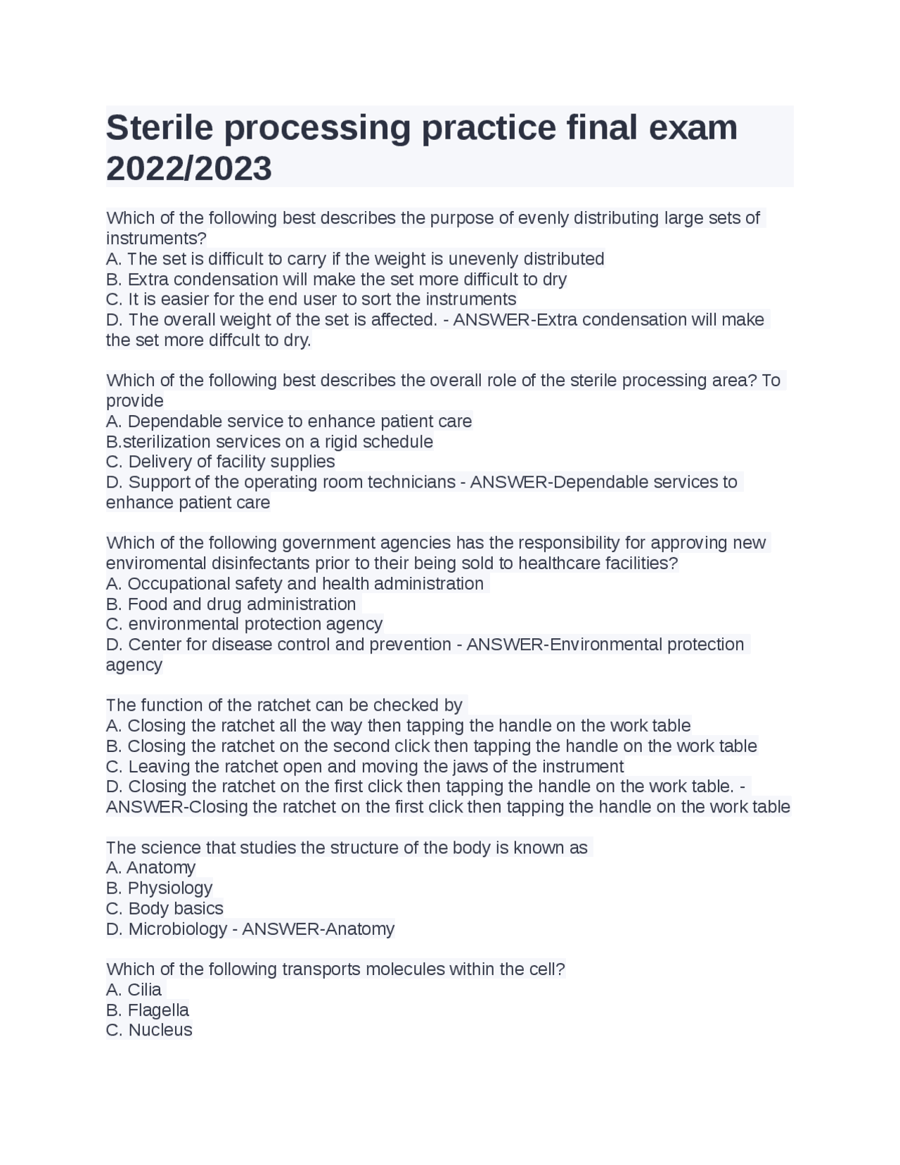 Sterile processing practice final exam 2022/2023 | Exams Nursing | Docsity