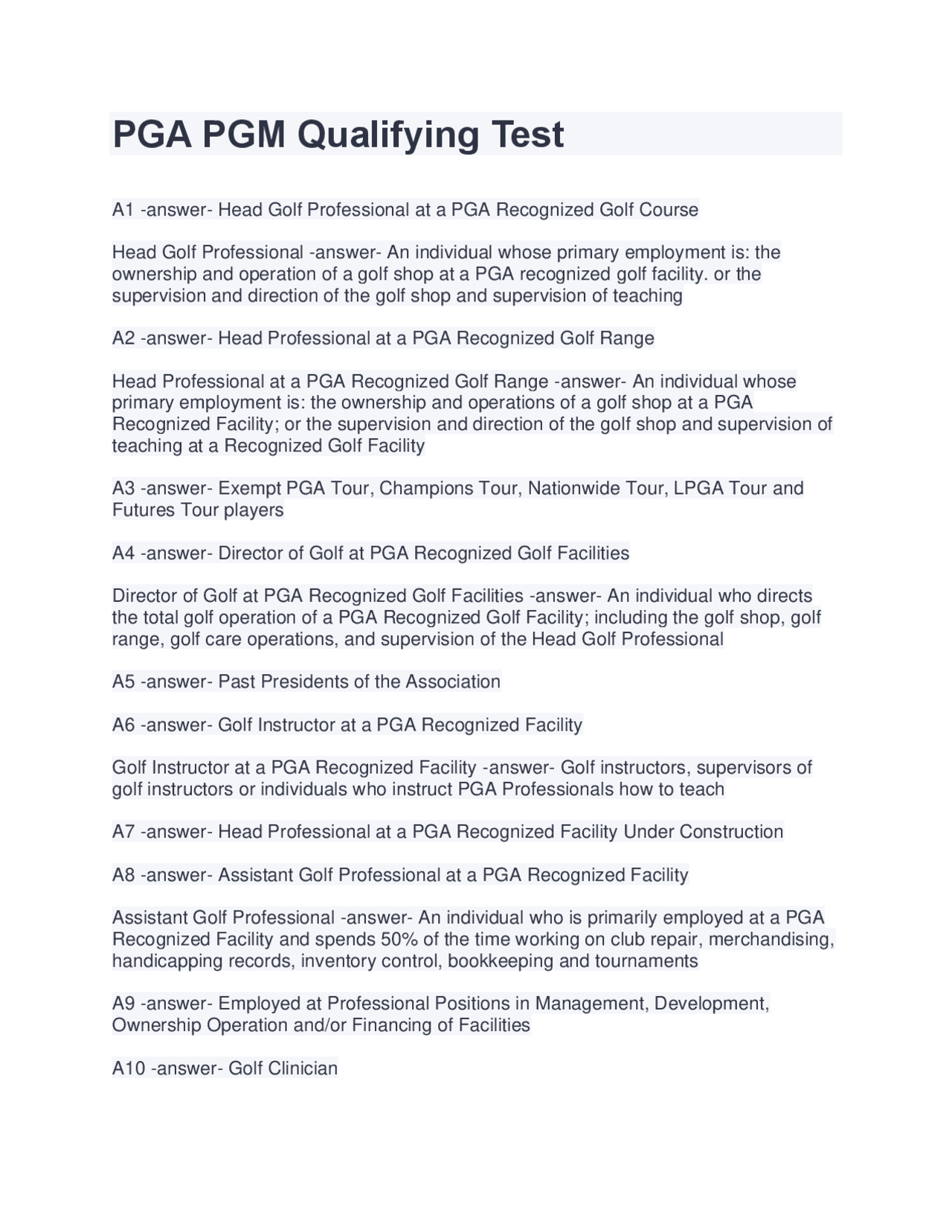PGA PGM QUALIFYING TEST 2 2022/2023 100% CORRECT | Exams History | Docsity