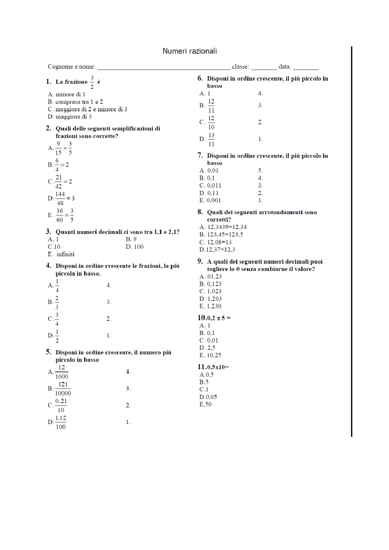Numeri razionali e binomi | Esercizi di Matematica | Docsity