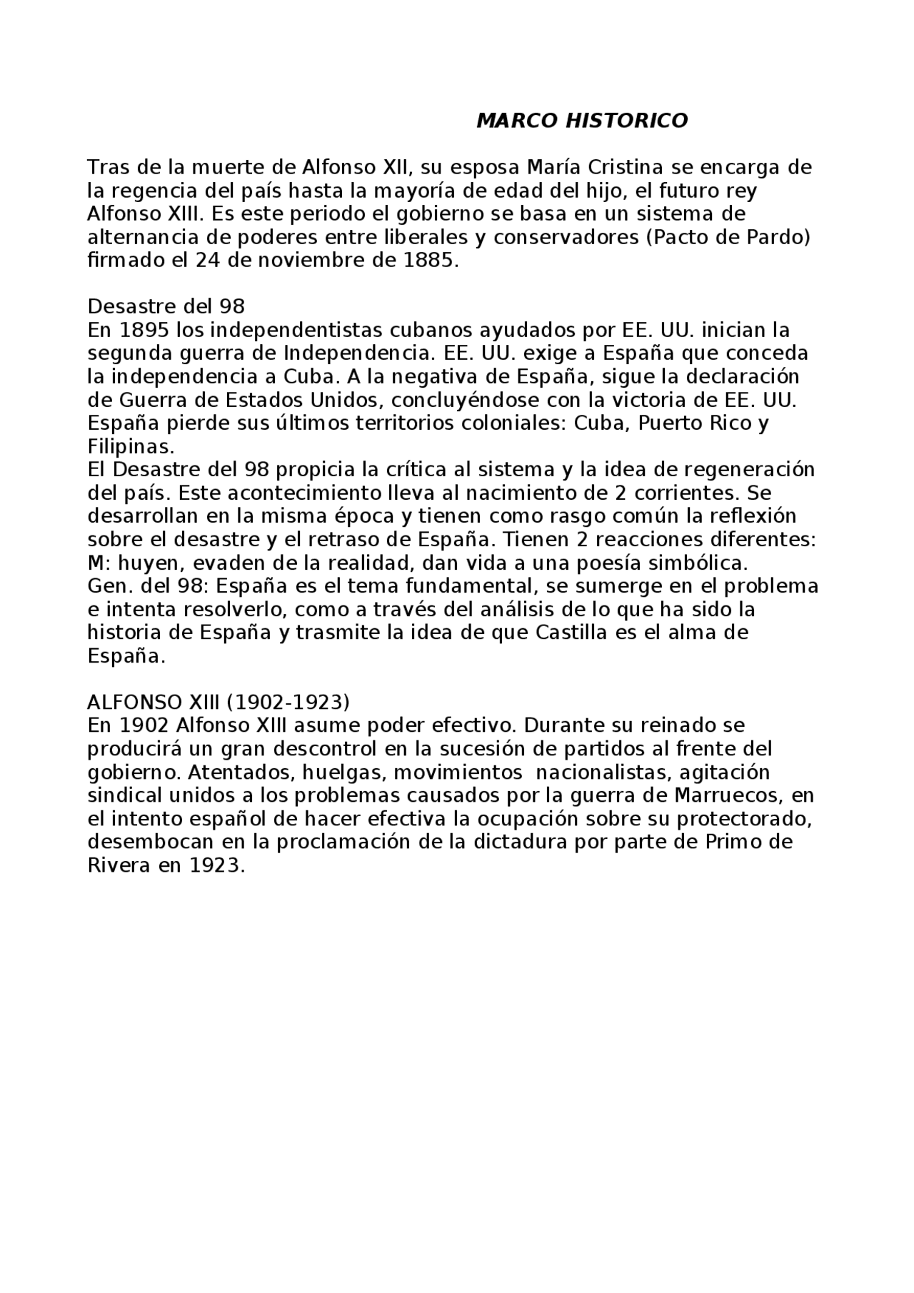 Marco historico spagnolo | Schemi e mappe concettuali di Spagnolo | Docsity