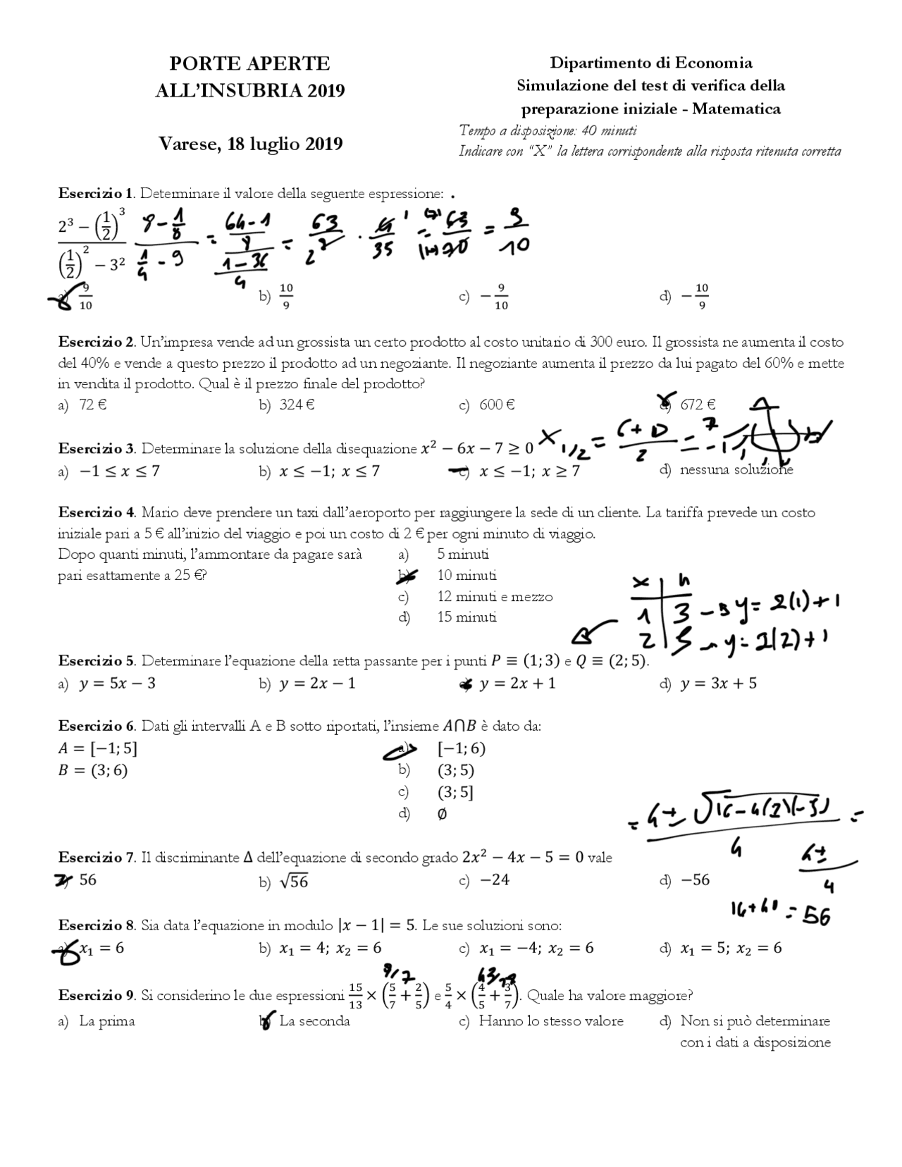 Simulazione Prova Matematica Esercizi Di Matematica Generale Docsity