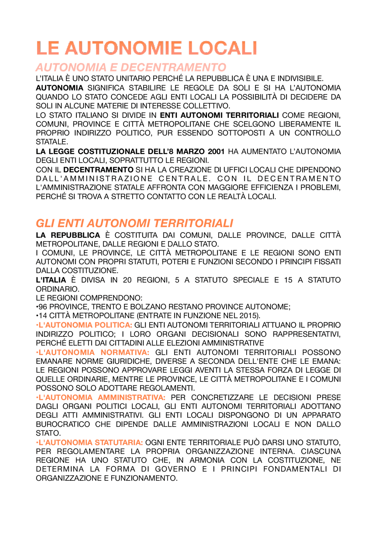 LE AUTONOMIE LOCA (DIRITTO E LEGISLAZIONE TURISTICA) | Schemi e mappe ...
